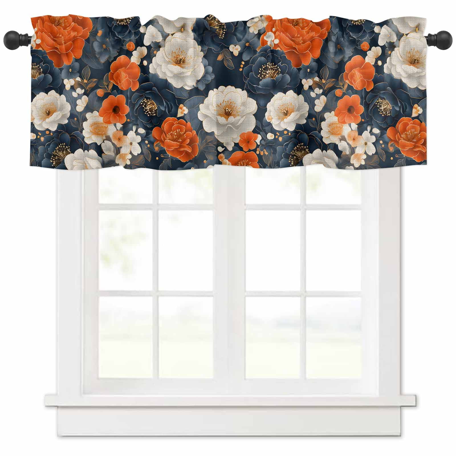 Navy Florals Valances for Windows Farmhouse Kitchen Curtains Valances ...