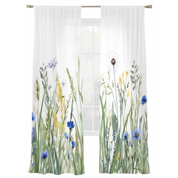 Navy Flower Sheer Curtains 2 Panels Set Blue Green Leaf Watercolor Hand ...