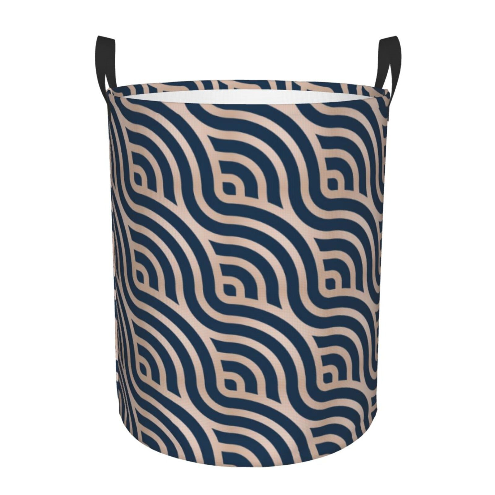 Navy Geometric Waves Round Laundry Basket, Laundry Hamper with Handle ...