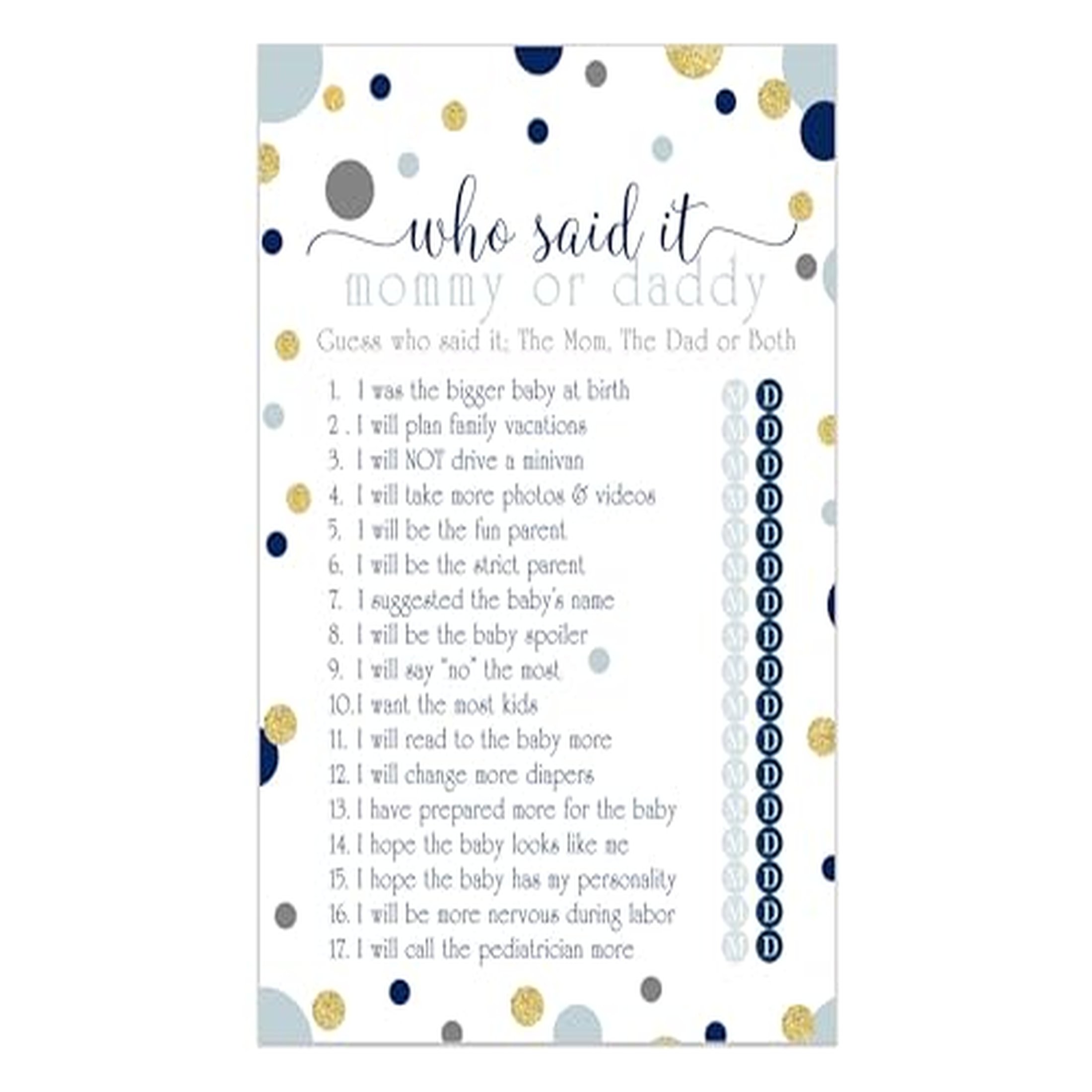 Navy and Gold Baby Shower Guess Who Game for Boys - Fun Guessing ...