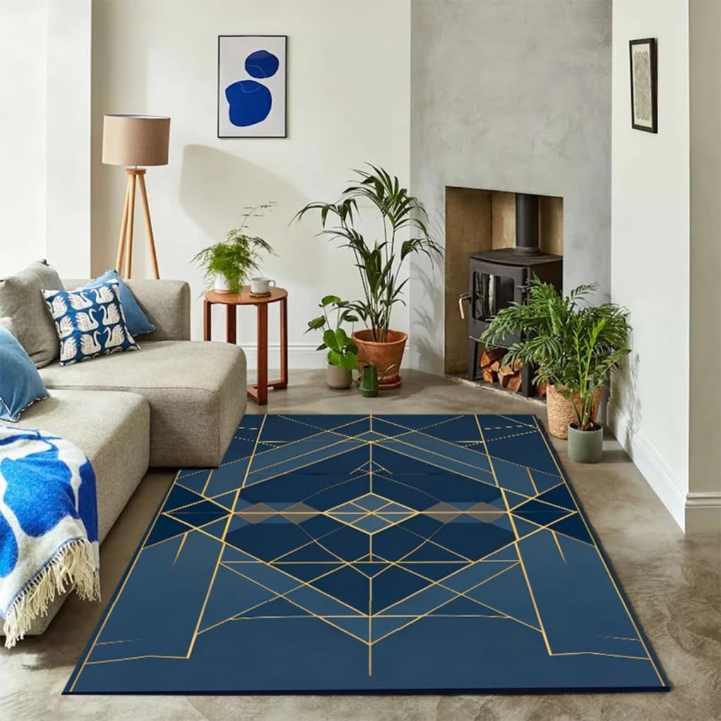 Navy Gold Geometric Lines Modern Contemporary Durable Area Rugs No Slip ...