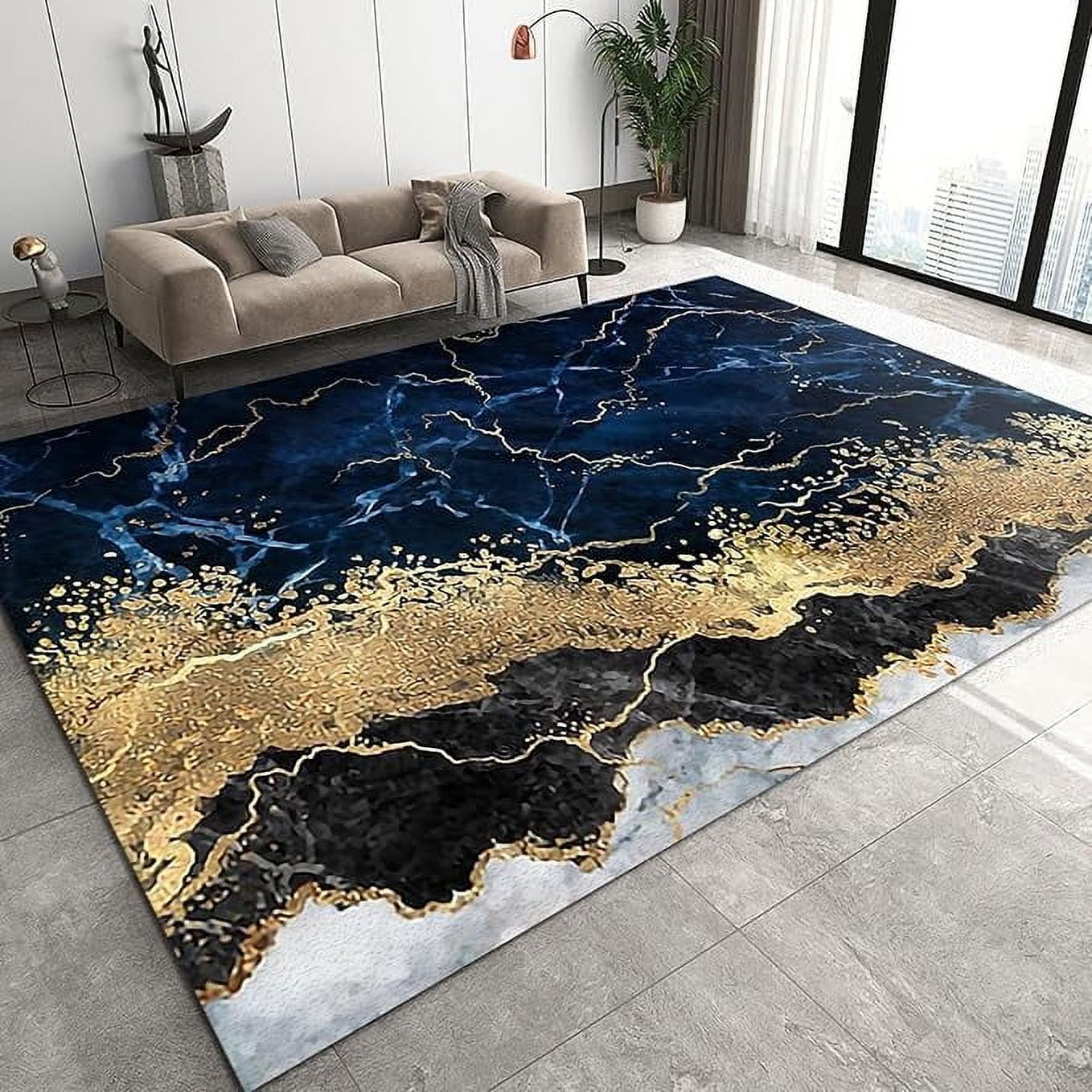 Navy Gold Marble Area Rug, Luxurious Jet Black Gold Texture Living Room ...