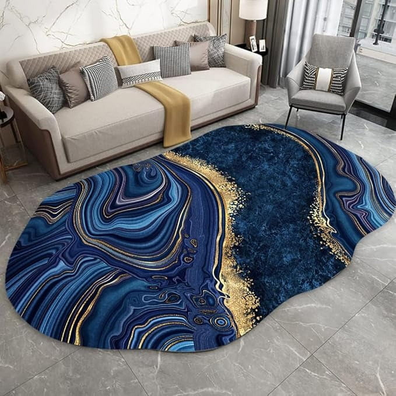 Navy Gold Marble Texture Modern Abstract Irregular Shaped Area Rug ...