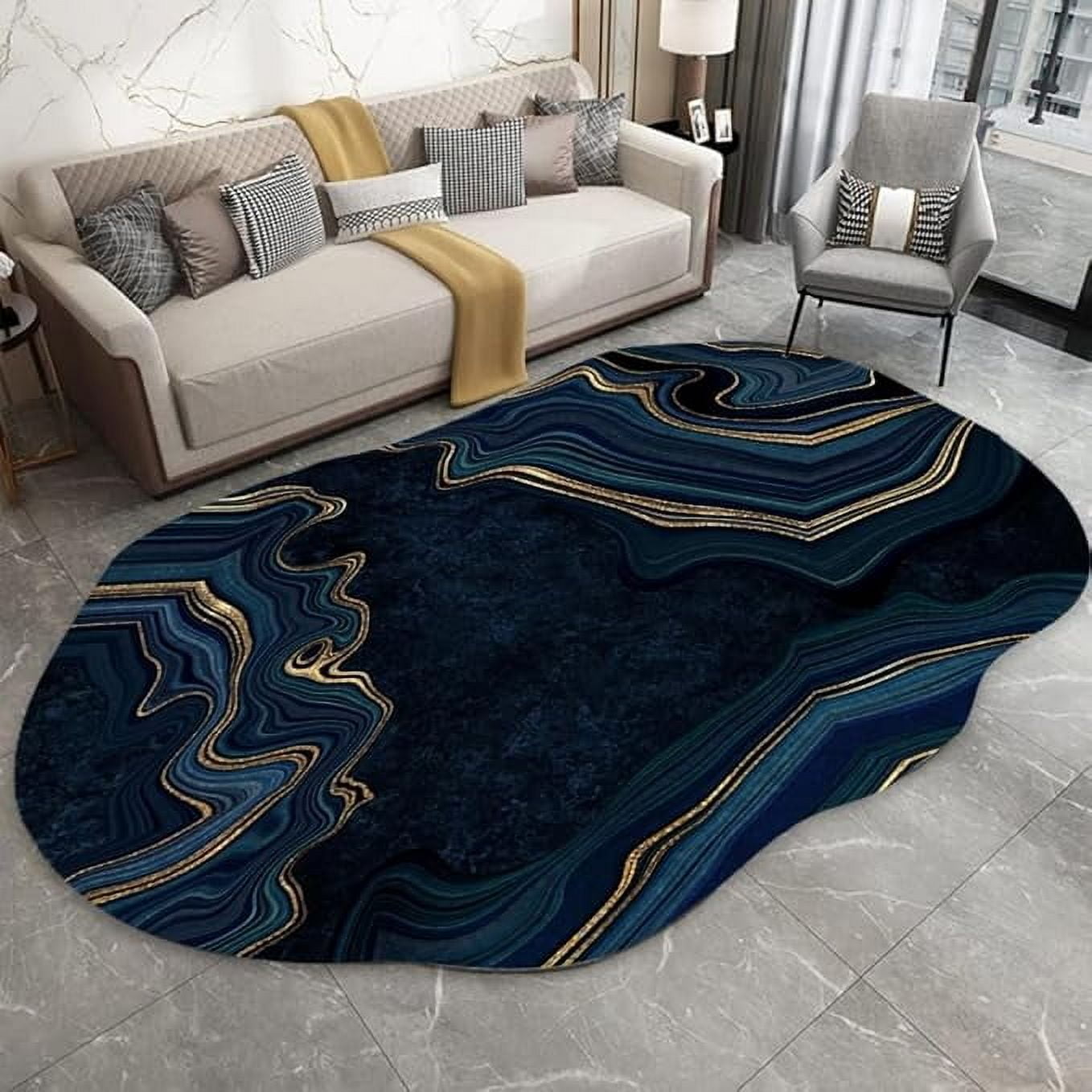 Navy Gold Modern Aesthetic Marble Abstract Shaped Area Rugs Irregular ...