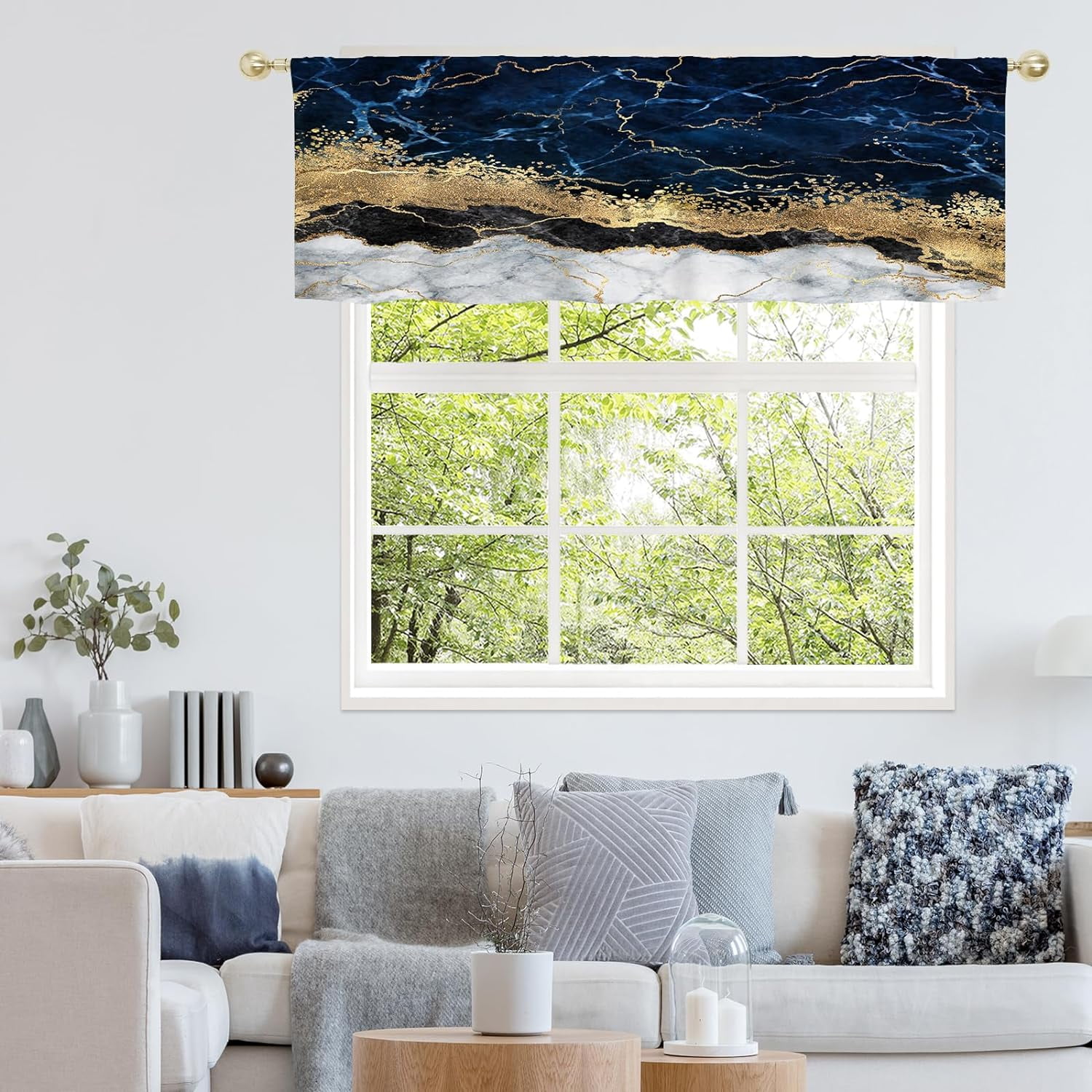 Navy Gold Valance Curtains for Living Room, Blue Marble Pattern Semi ...
