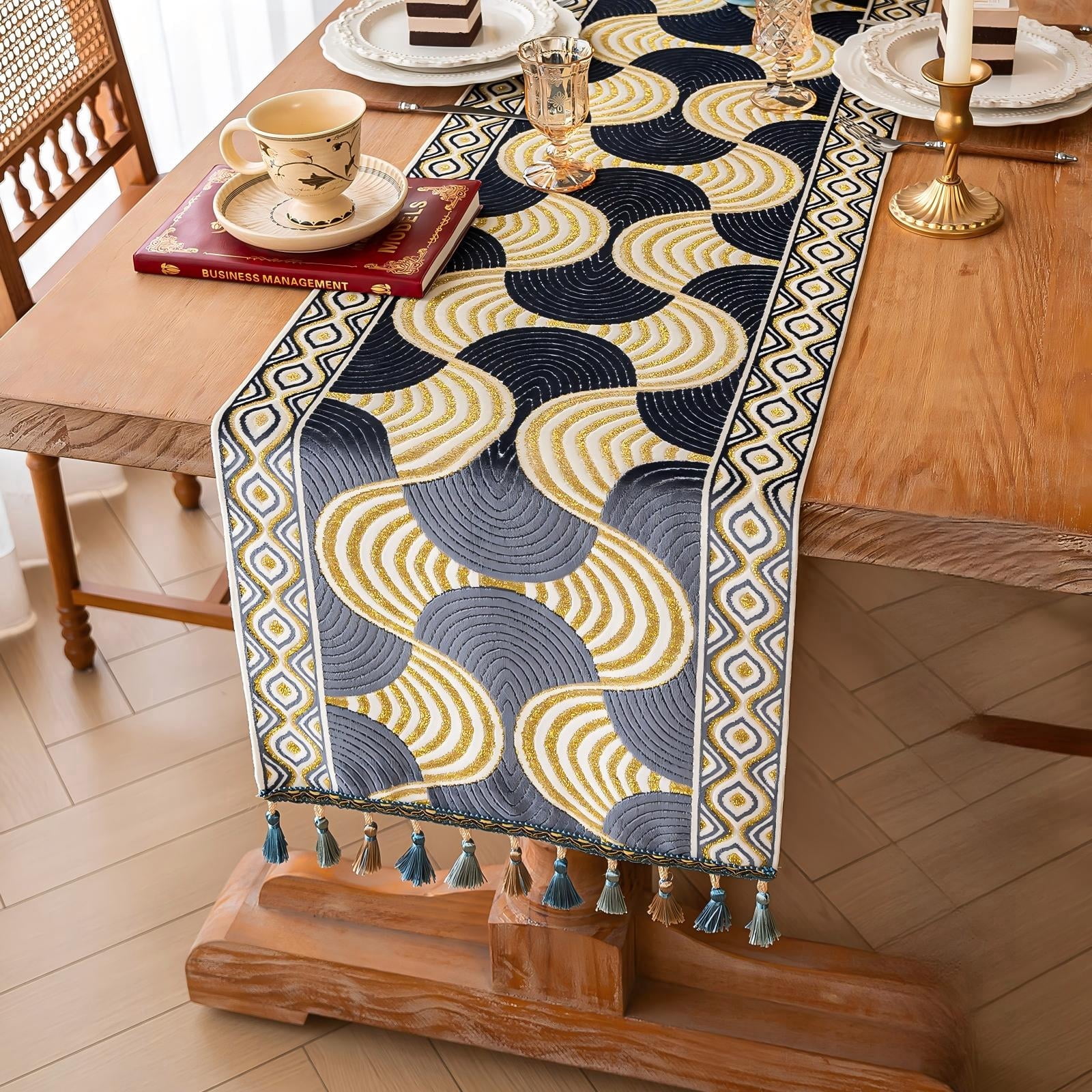 Navy Gold Wave Runner 14x79 Inch – Large Table or Sideboard, Blue-Gold ...