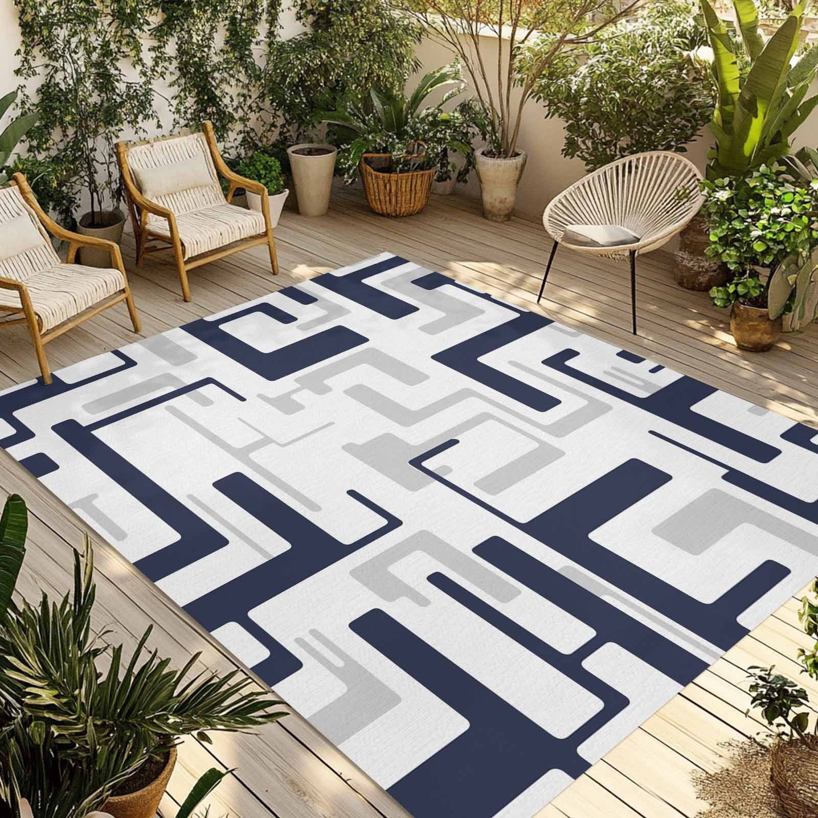 Navy Gray Geometric Stripes Outdoor Rug, Modern Abstract Lines Maze Non ...