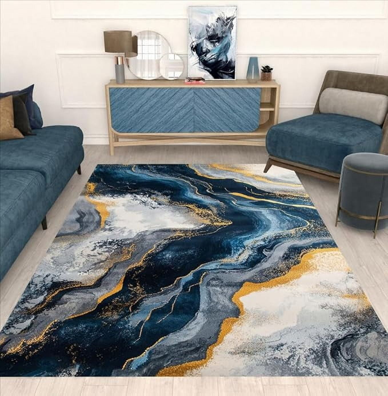 Navy Gray Gold Marble Pattern Modern Abstract Soft Area Rug Aesthetic ...
