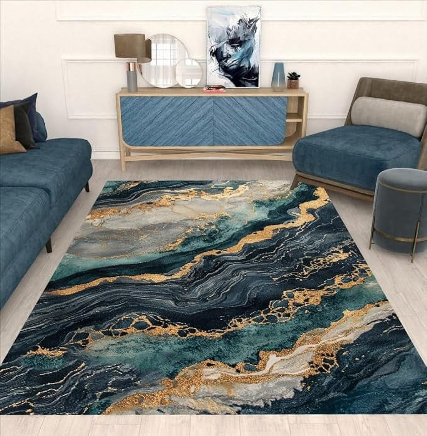Navy Grey Gold Marble Texture Modern Abstract Area Rug Washable ...