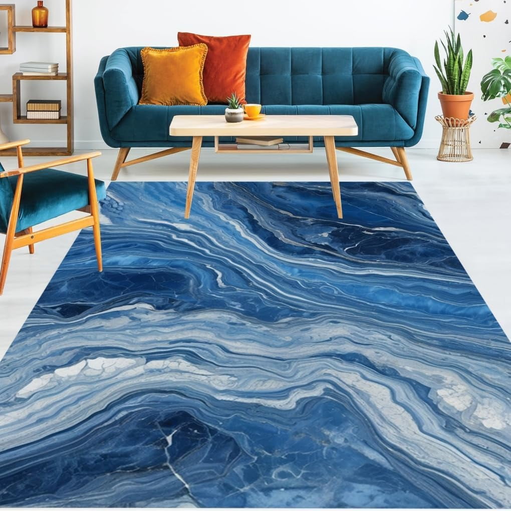 Navy Grey Marble Texture Modern Abstract Decor Rug For Living Room ...
