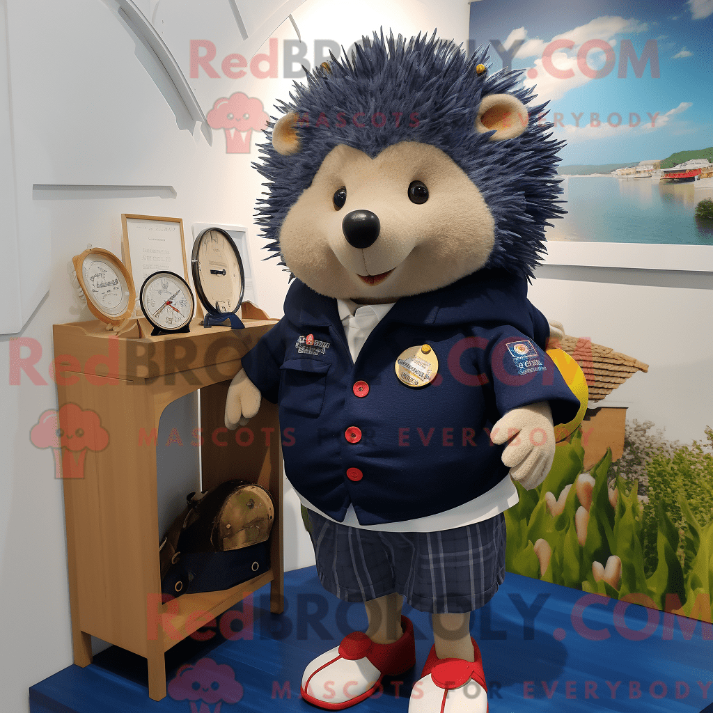 Navy Hedgehog REDBROKOLY mascot costume character dressed with a Oxford ...