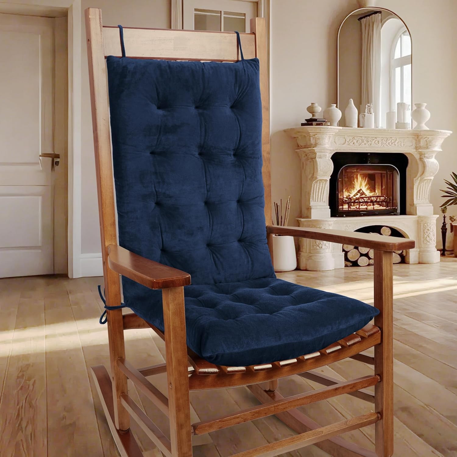 Navy Indoor Thick Rocking Chair Cushion with Ties - Warm Tufted Rocking ...