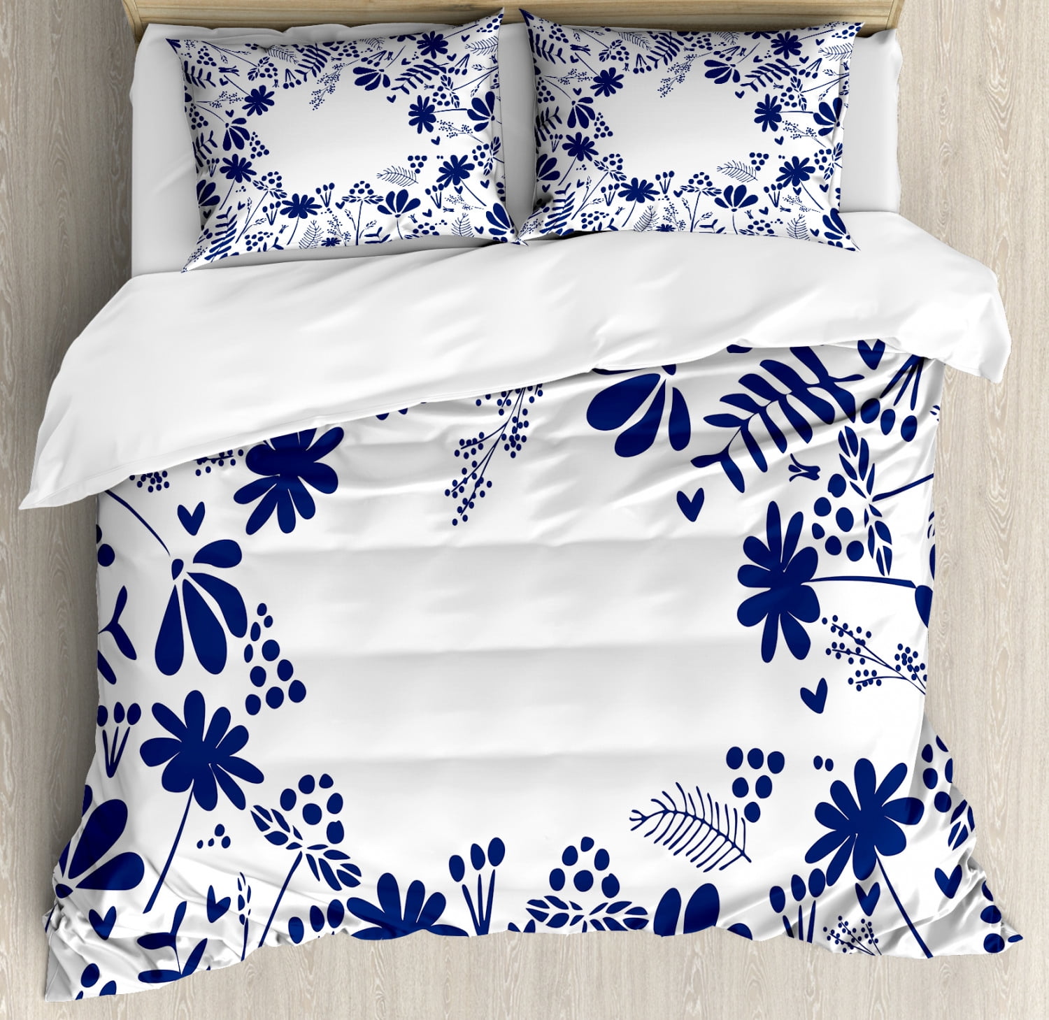 Navy Duvet Cover Set, Botanical Beauty Flower Branches Ferns Leaves ...