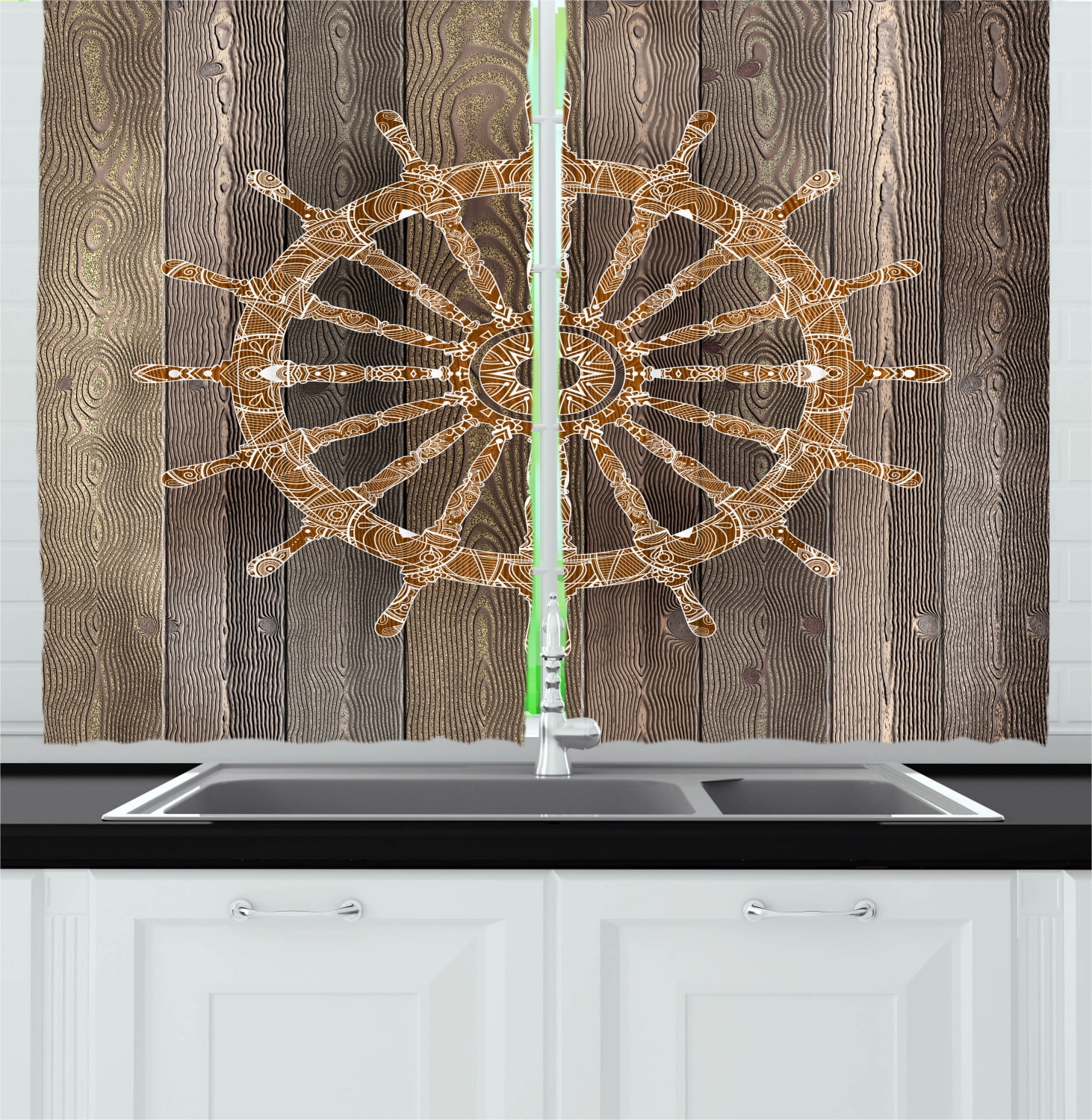Navy Kitchen Curtains, Nautical Ship Wheel Pattern on Wooden Background ...
