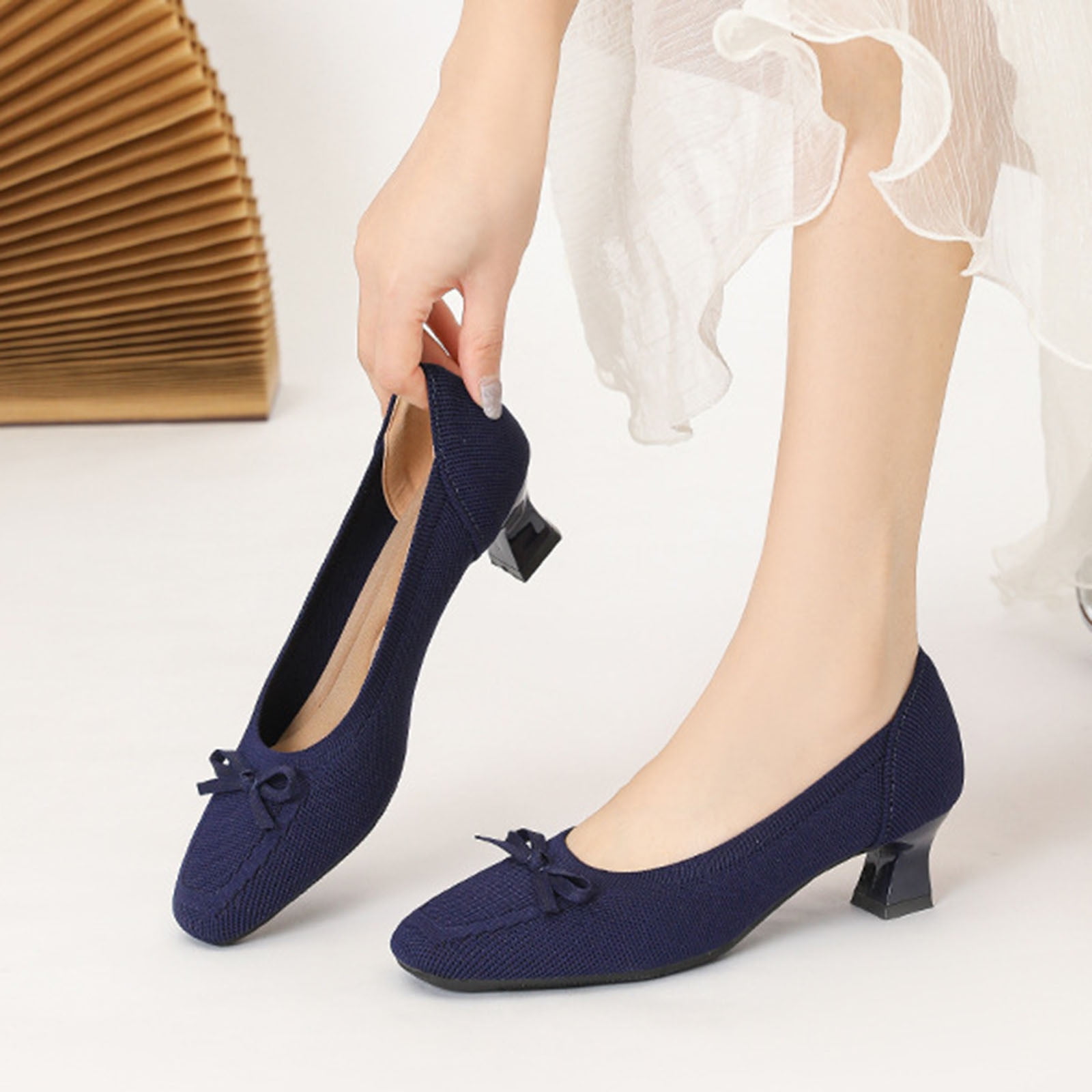 Navy Ladies Bow Knitted Toe High Heels With Thick Heel Design Shallow ...