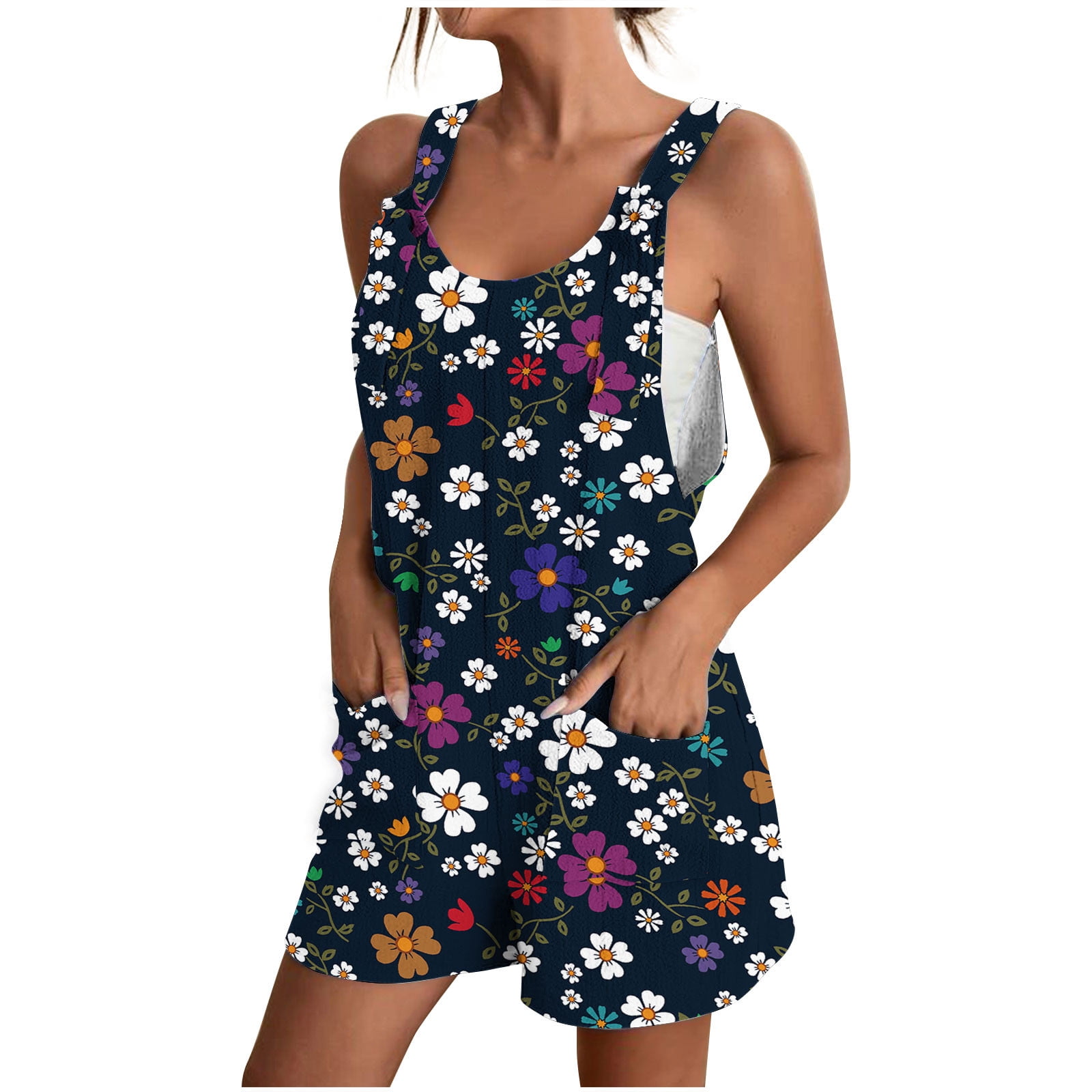 Navy Ladies Thin Overalls Shortalls Daisy Floral Loose Fit Overalls ...