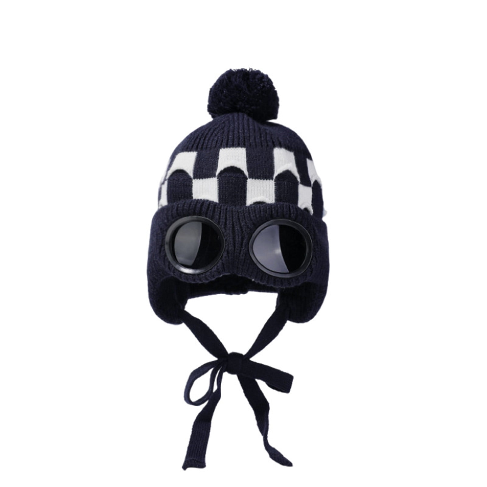 Navy Ladies Winter Hat With Knitted Ear Flaps And Goggles Plaid Design ...