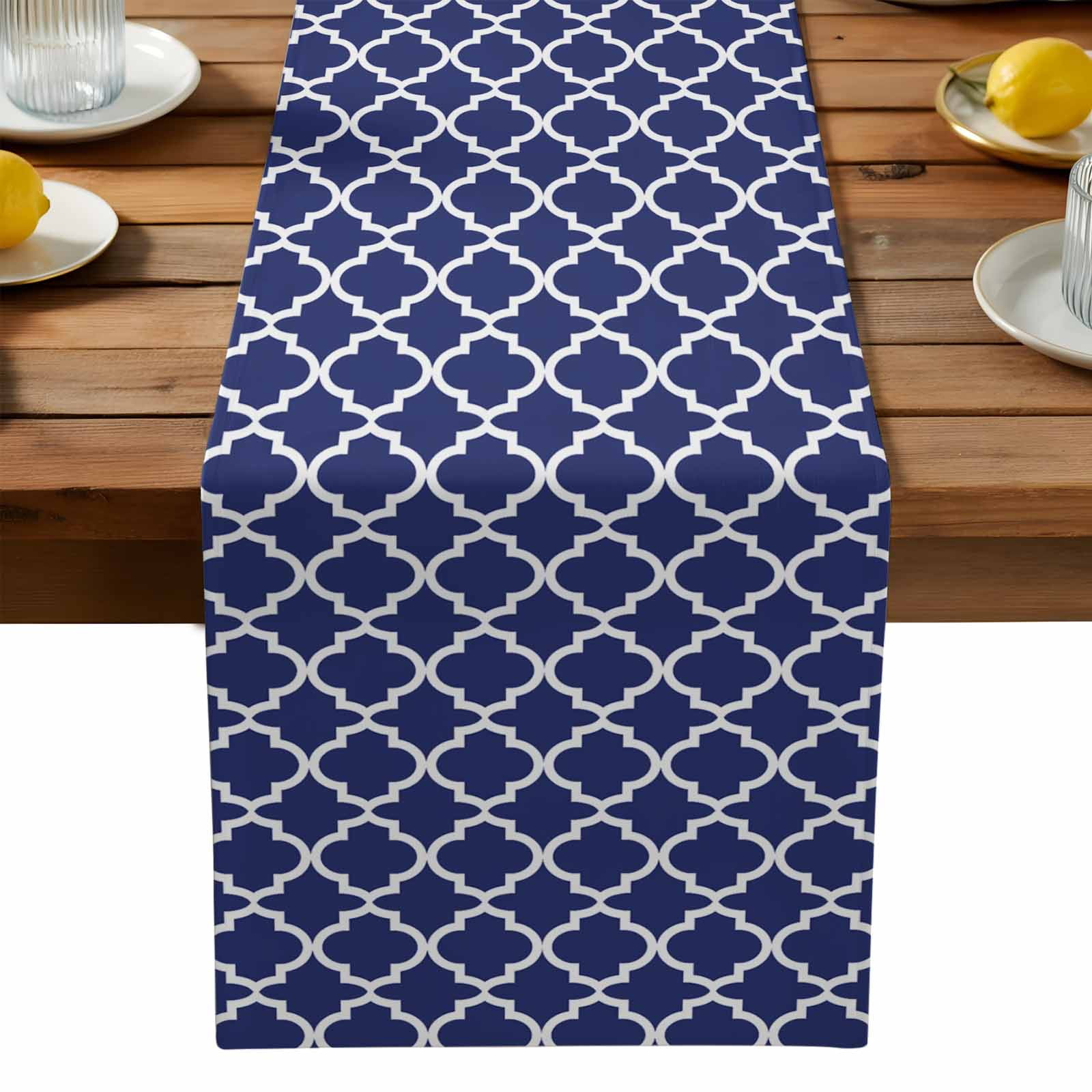 Navy Lake Blue Morocco Table Runner, Minimalist Geometric Pattern ...