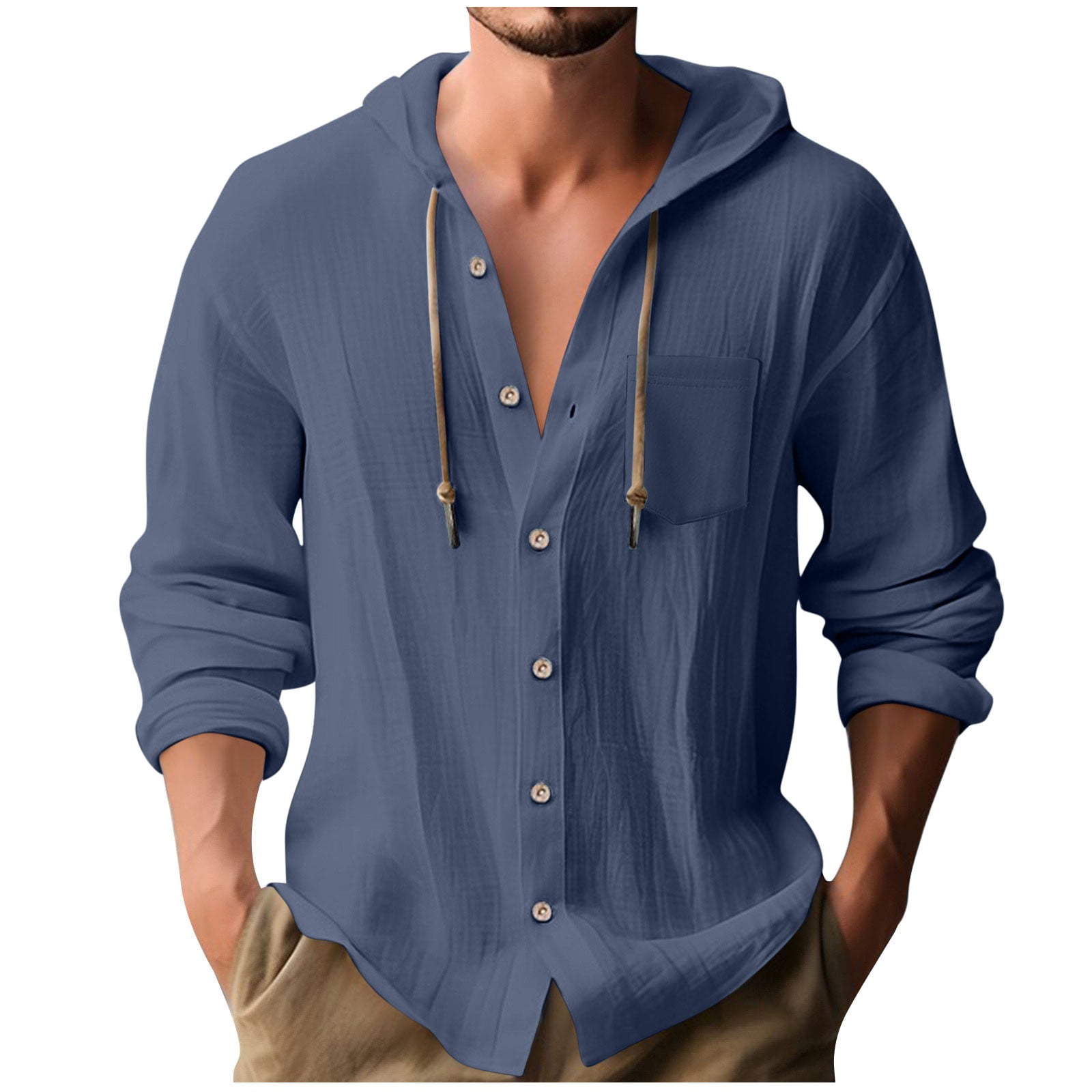 Navy Long Sleeve Hood for Mens Winter Fall Crew Neck Faux Gauze Linen ...