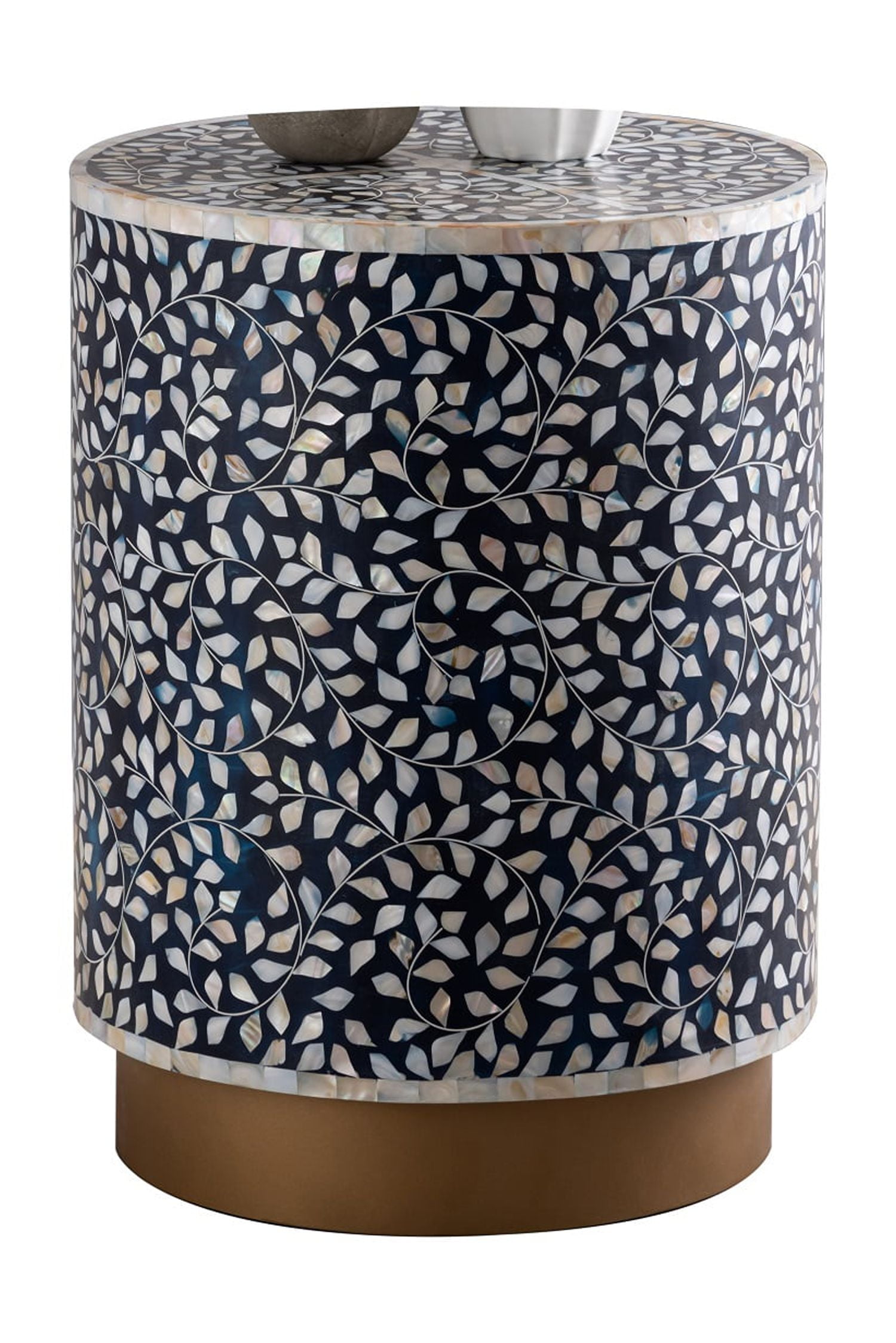 Navy Luxe Circular End Table with Capiz Shell Floral Design | Decorative Accent Table for Living ...