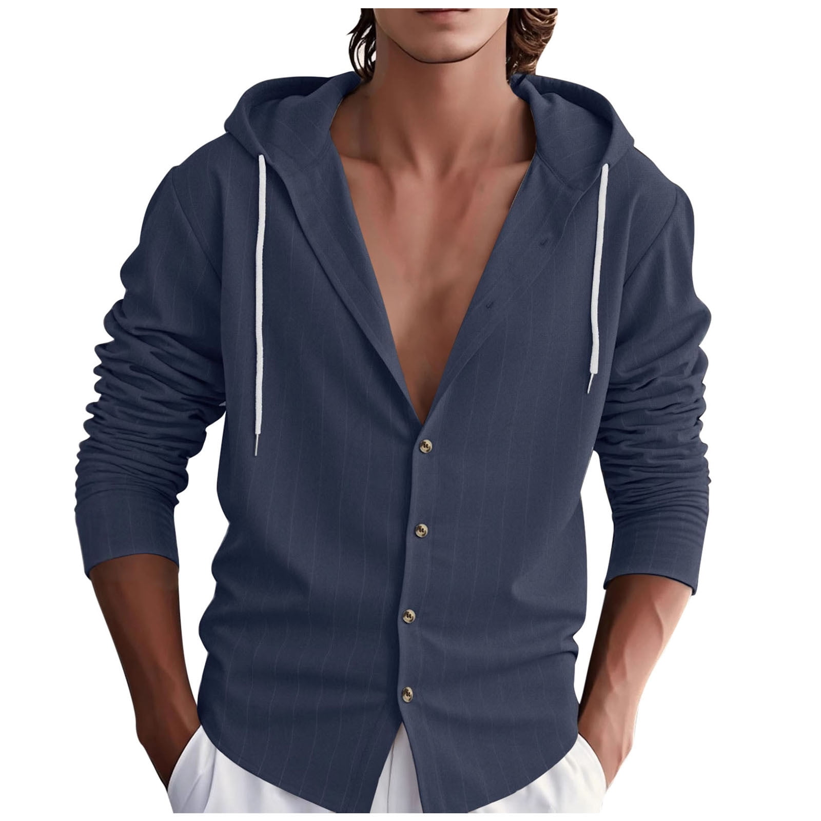 Navy Man Faux Linen Brunch Button Jackets Hood Shacket Outfit for Mens ...