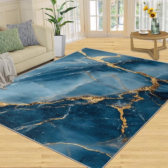 Navy Marble Rugs for Bedroom, Blue Gold Marble Area Rug, Modern Onyx ...