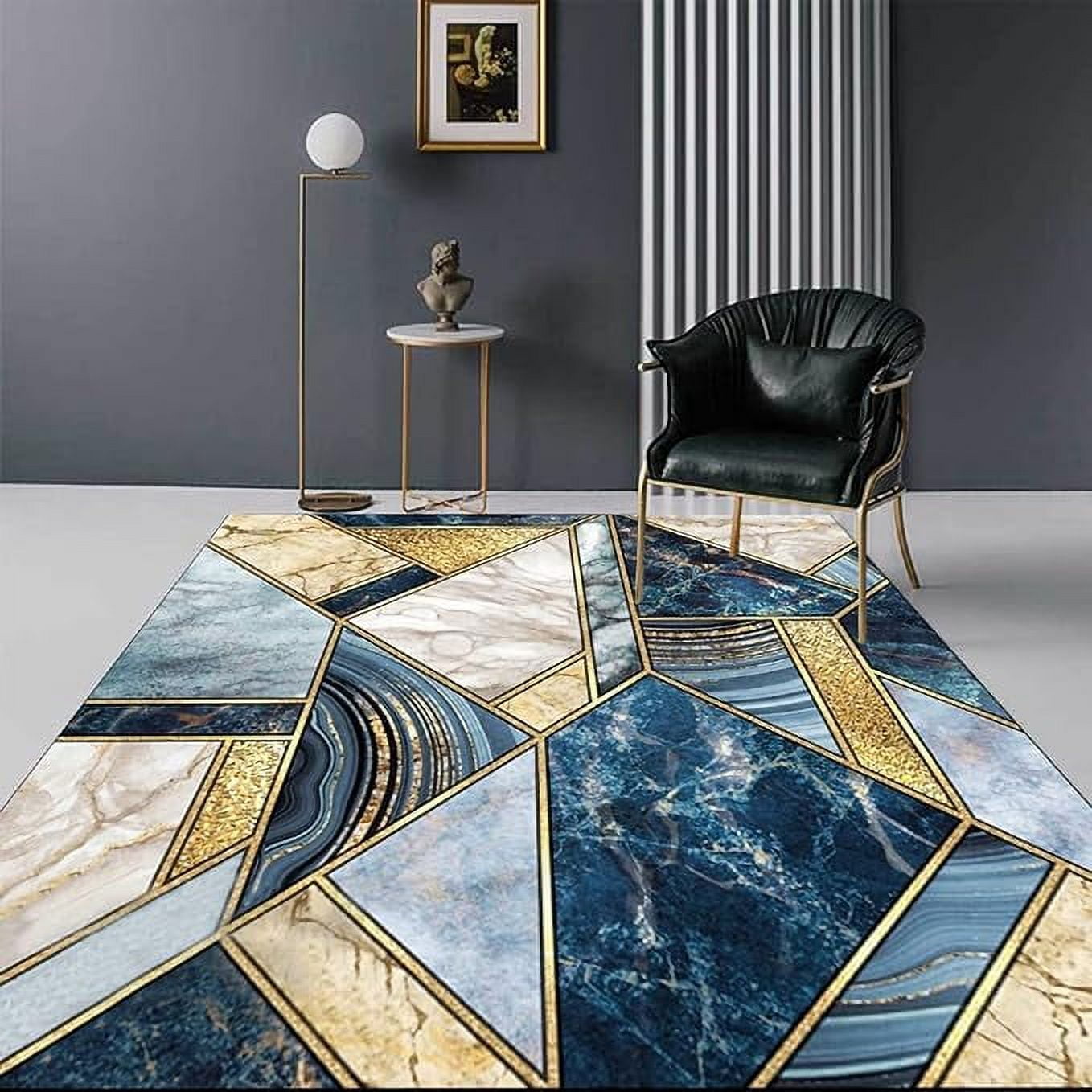 Navy Marble Swirl Area Rug, Modern Geometric Patchwork Decorative Rugs ...