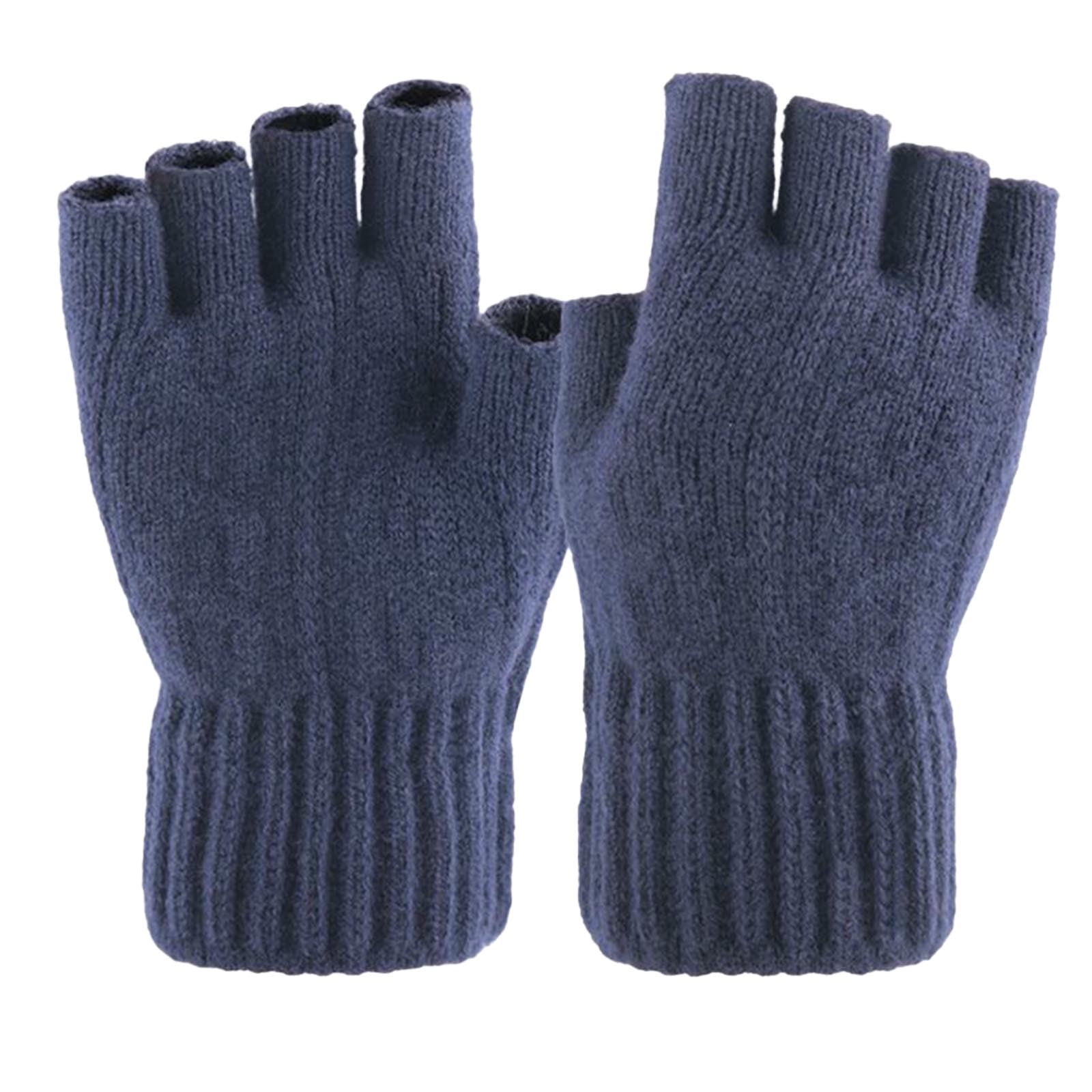 Navy Mens And Womens Solid Color Half Finger Thicken Wool Gloves For ...