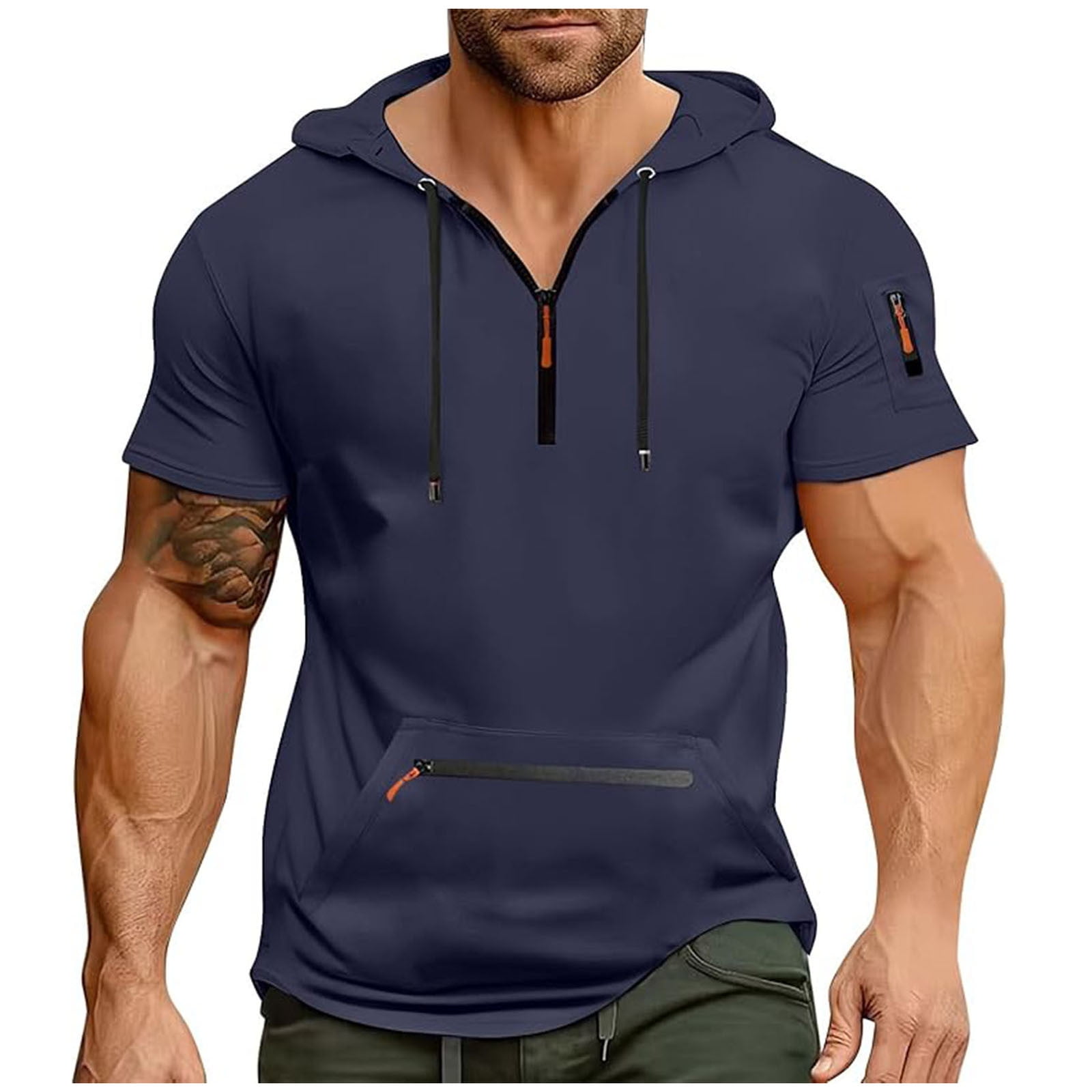 Navy Mens Short Sleeve Hoodies Outfits for Man Brunch with Hood Plain ...