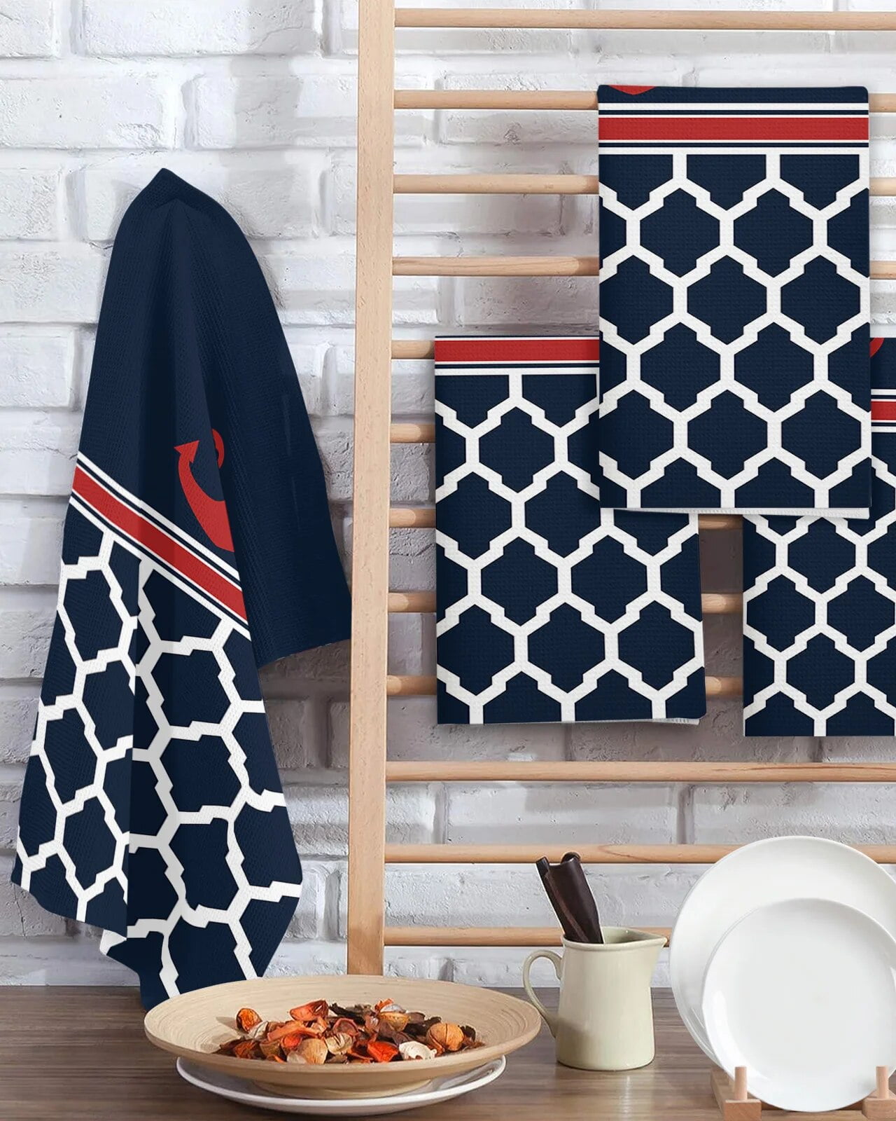 Navy Moroccan Texture Anchor Summer Tea Towels Absorption Walf Checks ...