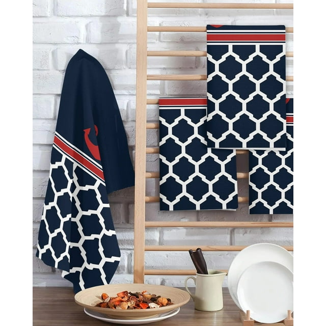 Navy Moroccan Texture Anchor Summer Tea Towels Absorption Walf Checks ...