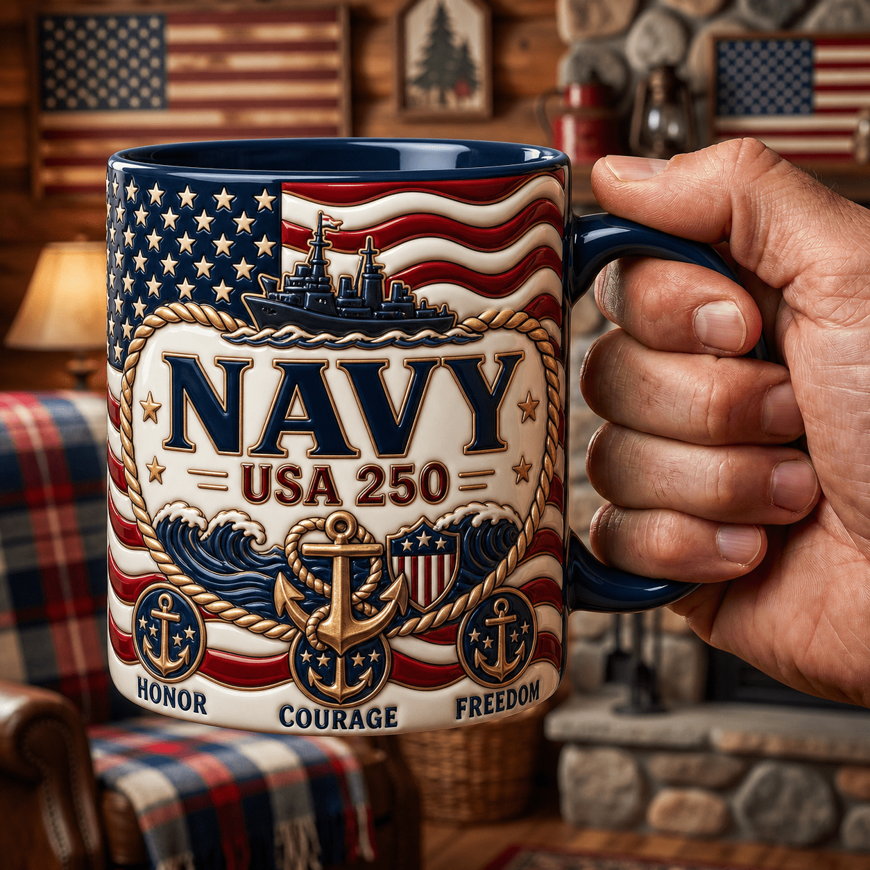 Navy Mug 3D Effect Patriotic USA 250th Coffee Cup for Veterans ...