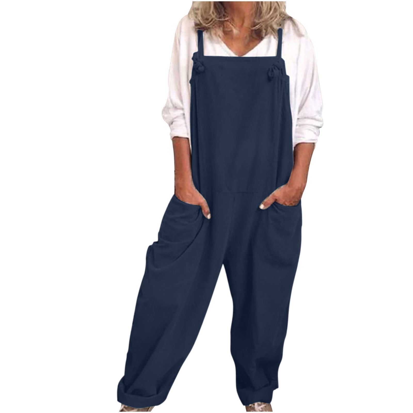 Navy Overalls for Women Fall Summer Faux Gauze Linen Loose Fit Casual ...