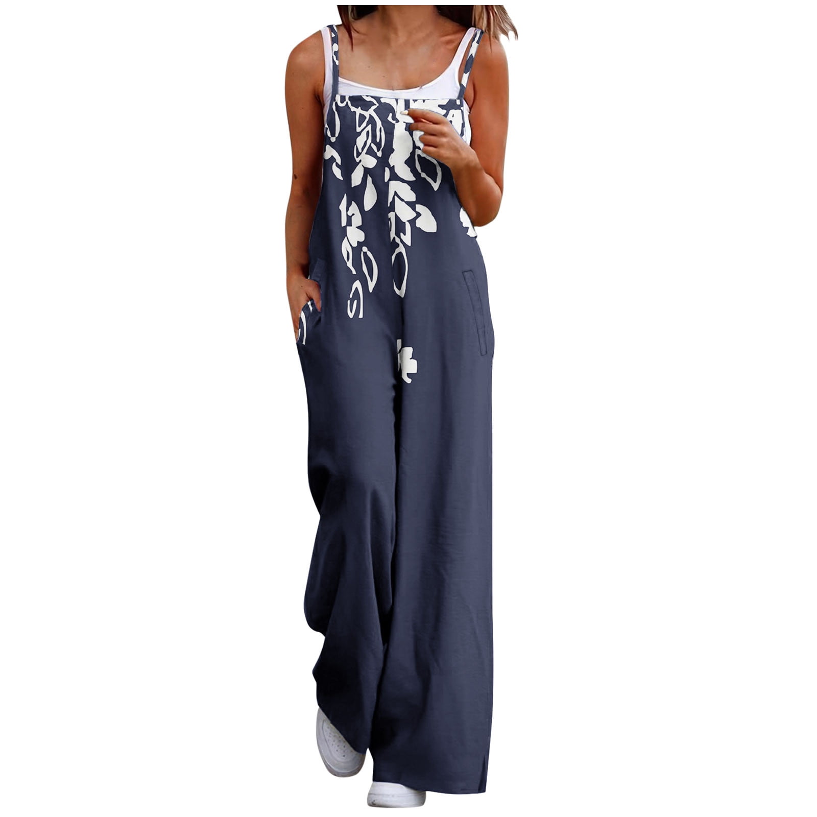 Navy Overalls for Women Summer Fall Flower Graphic Loose Fit Lounge ...