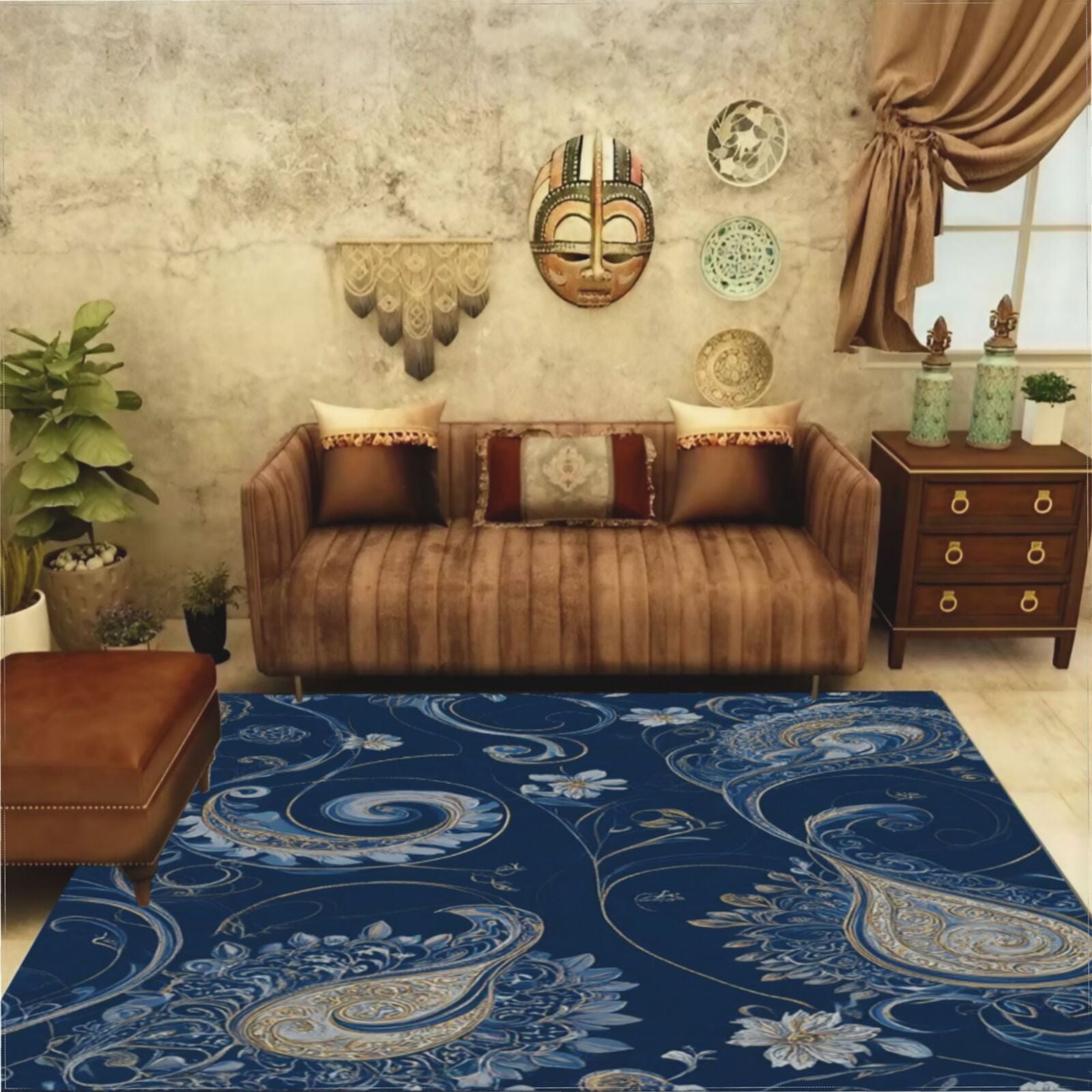 Navy Paisley Floral Pattern Light Luxury Retro Carpet Large Size Living ...