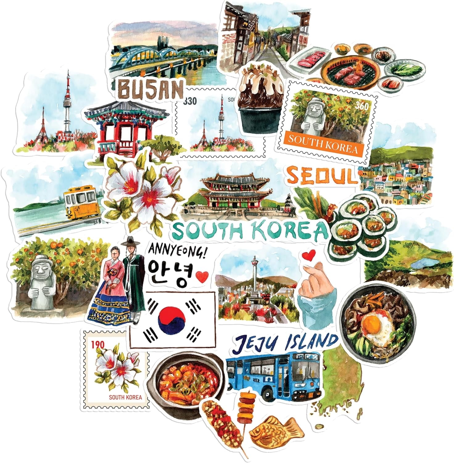 Navy Peony South Korea Travel Stickers (30pcs) - Watercolor, Waterproof ...