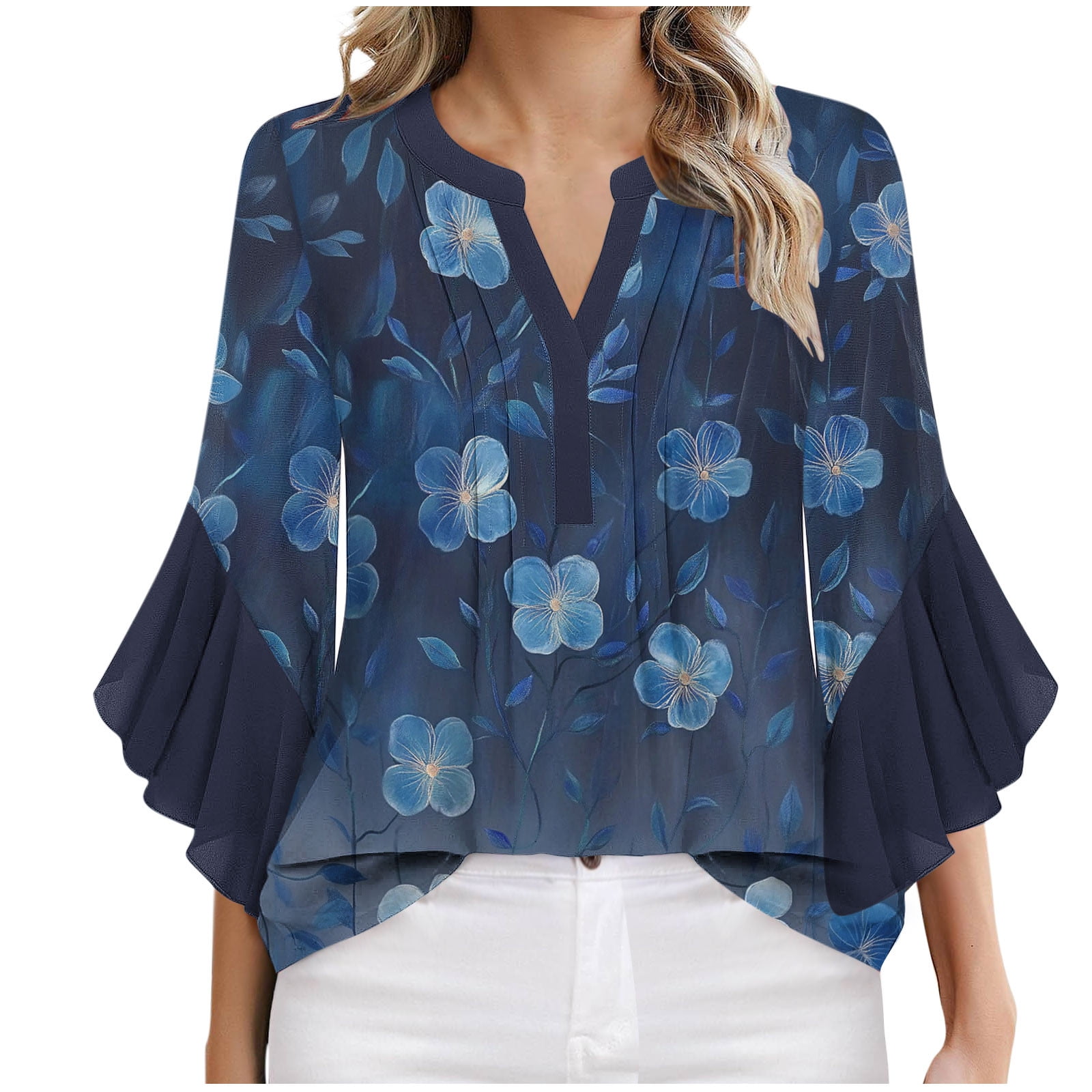 Navy Petal 3/4 Sleeve Tee Shirts for Women Summer Fall Crew Vneck Neck ...