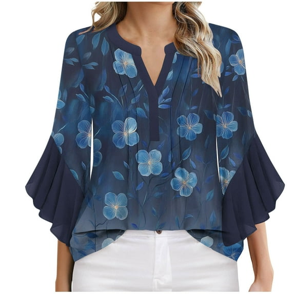 Navy Petal 3/4 Sleeve Tee Shirts for Women Summer Fall Crew Vneck Neck ...