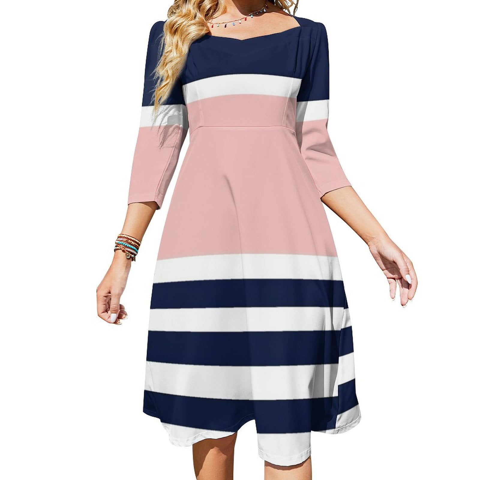 Navy Pink Stripes Simple Design Women's 3/4 Sleeve Dresses Elegant A ...