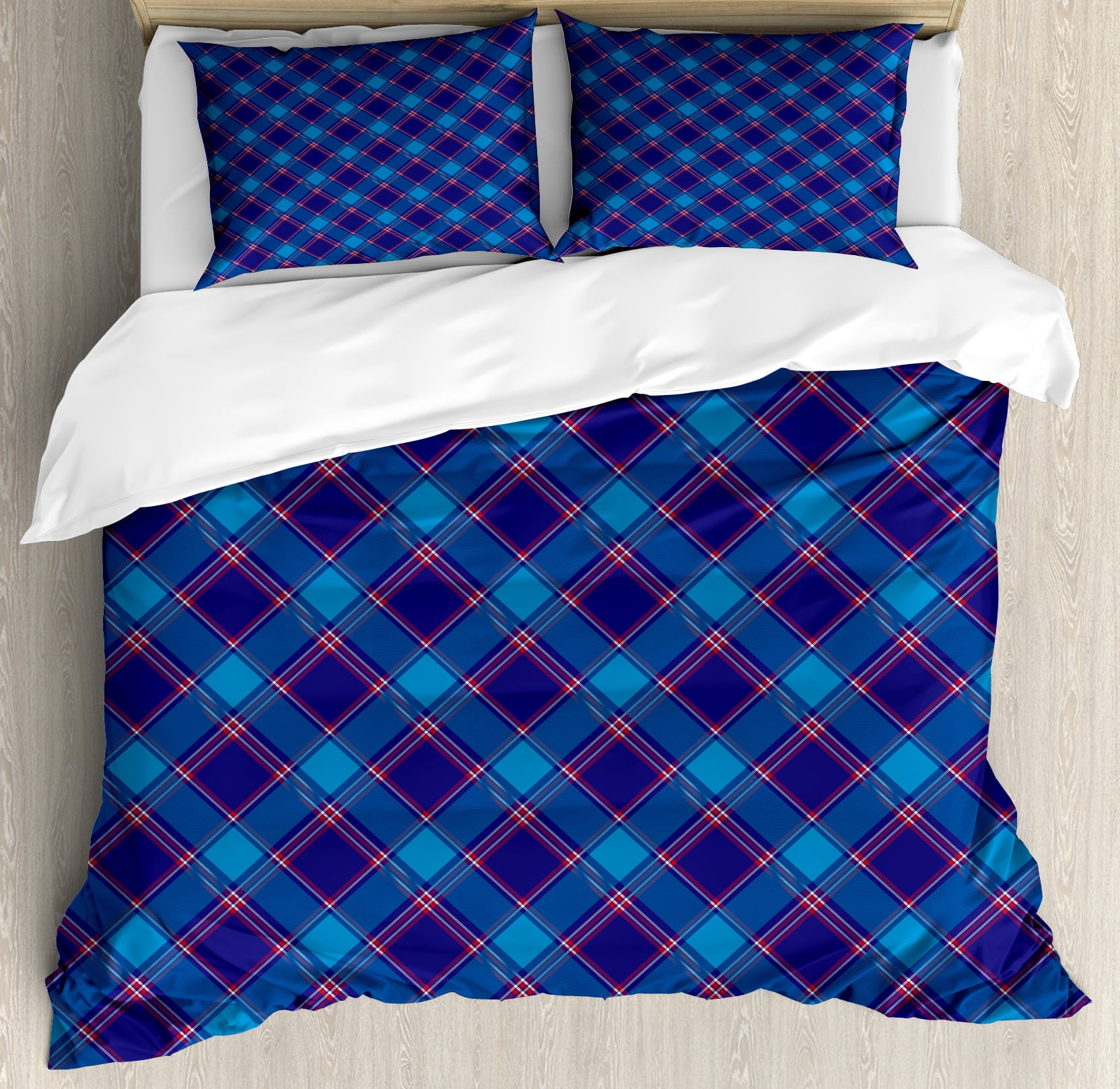 Navy Plaid Duvet Cover Set, Traditional Squares Lines Overlapping ...