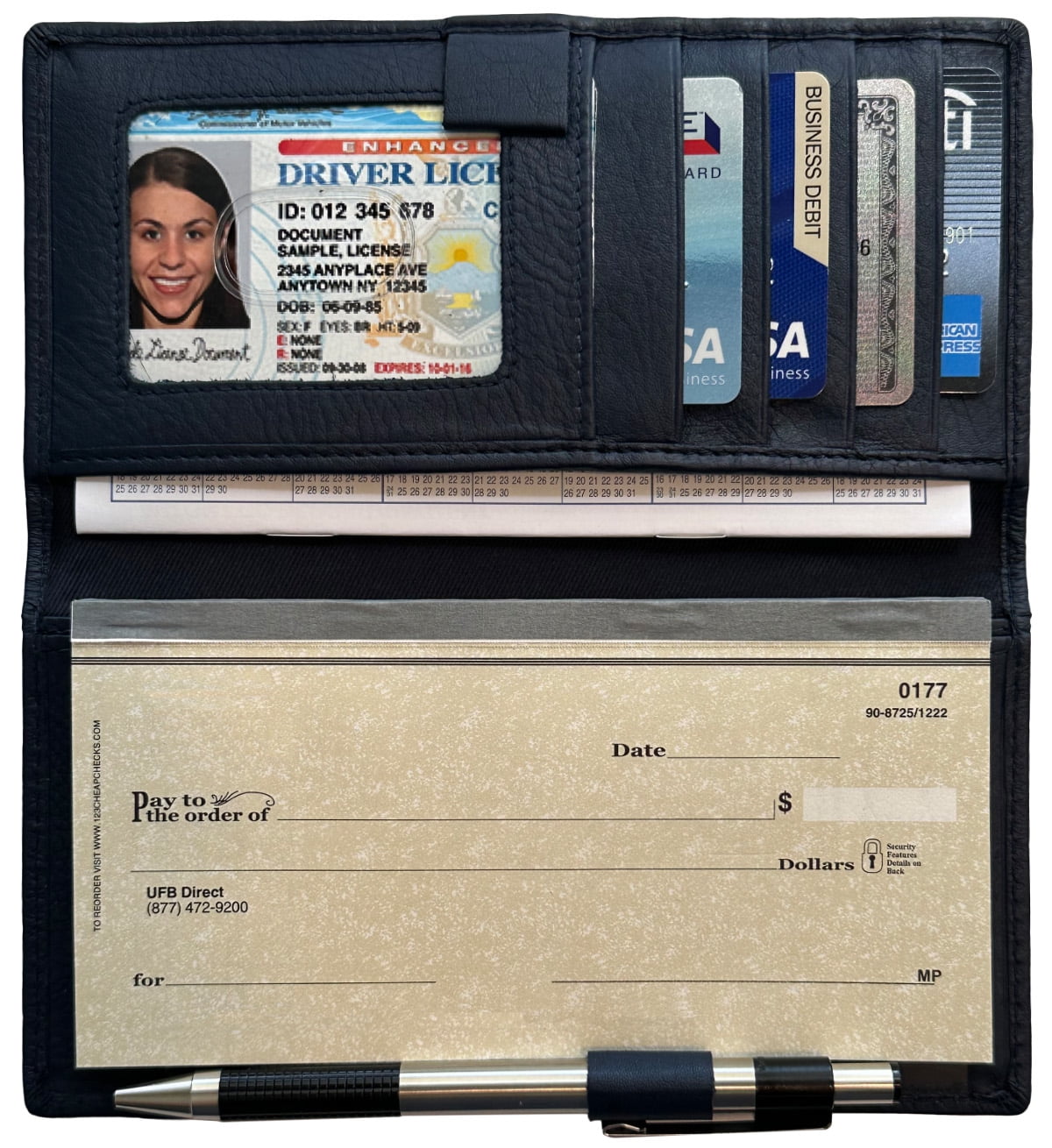 Navy RFID Leather Checkbook Cover With Credit Card Slots and Pen Holder ...