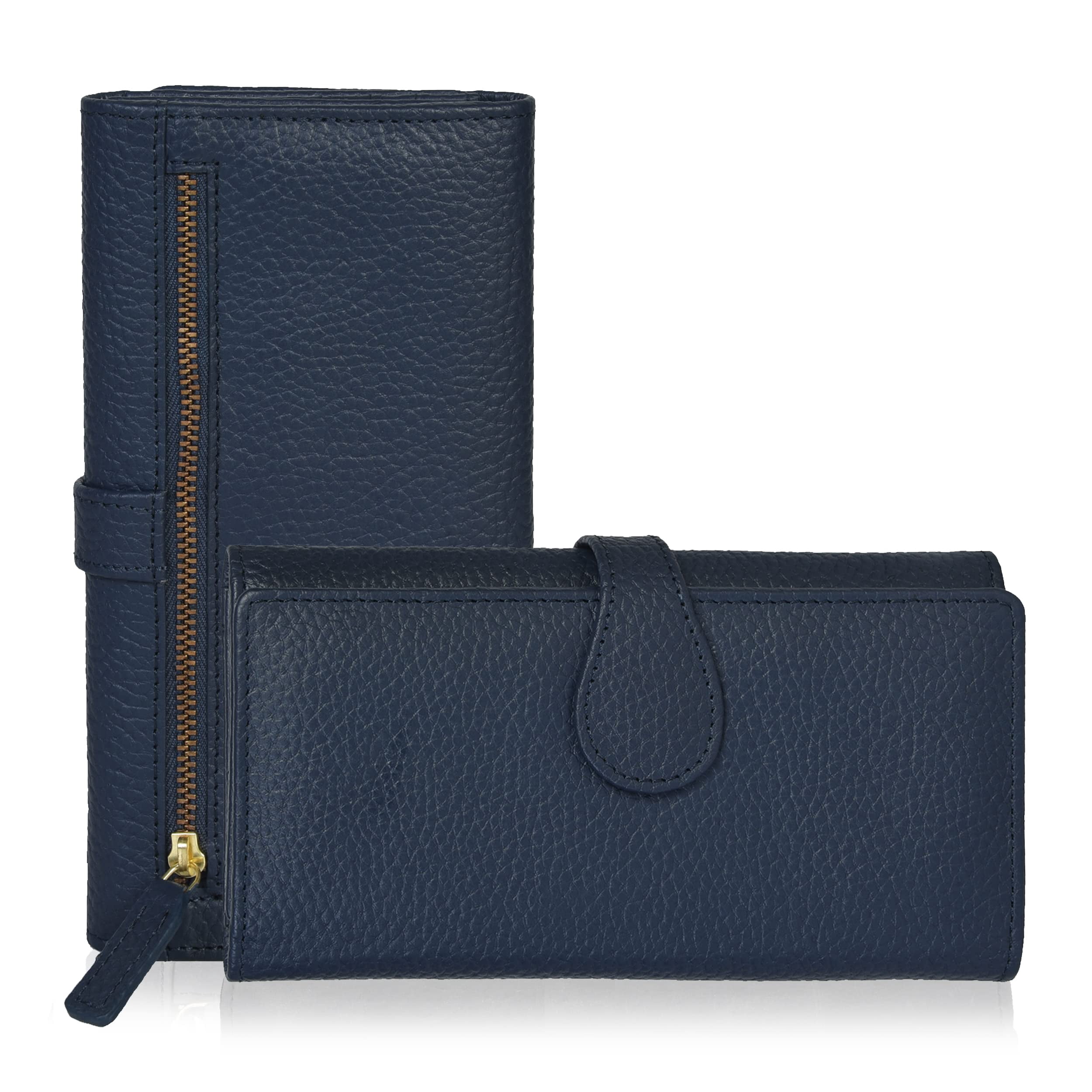 Navy Real Leather Trifold Ladies Wallet RFID Blocking Card Holder ...