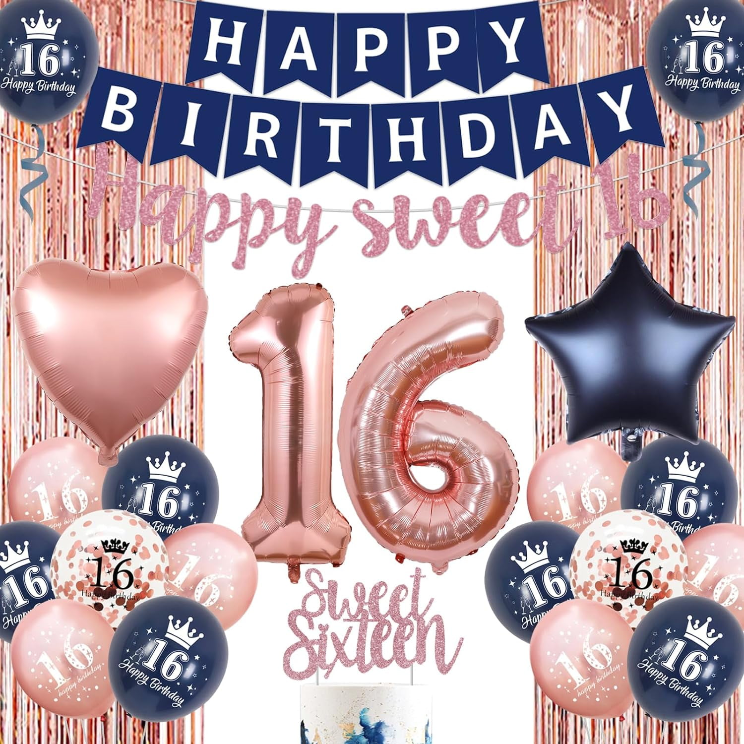 Navy Rose Gold 16th Birthday Decorations for Girl Sweet 16 Birthday ...