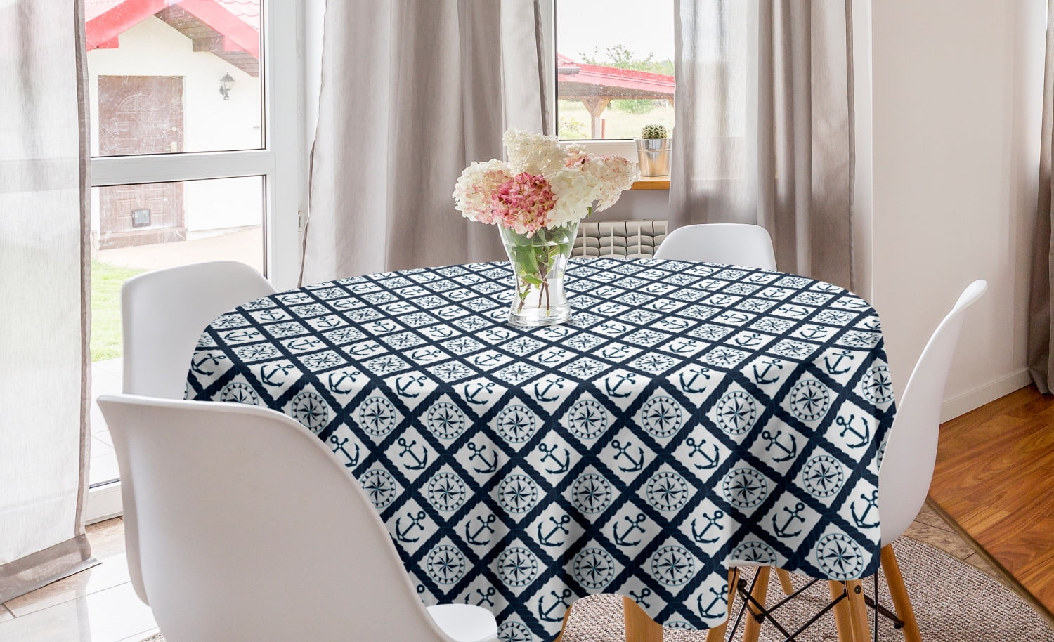 Navy Round Tablecloth, Nautical Pattern with Anchor and Windrose in ...