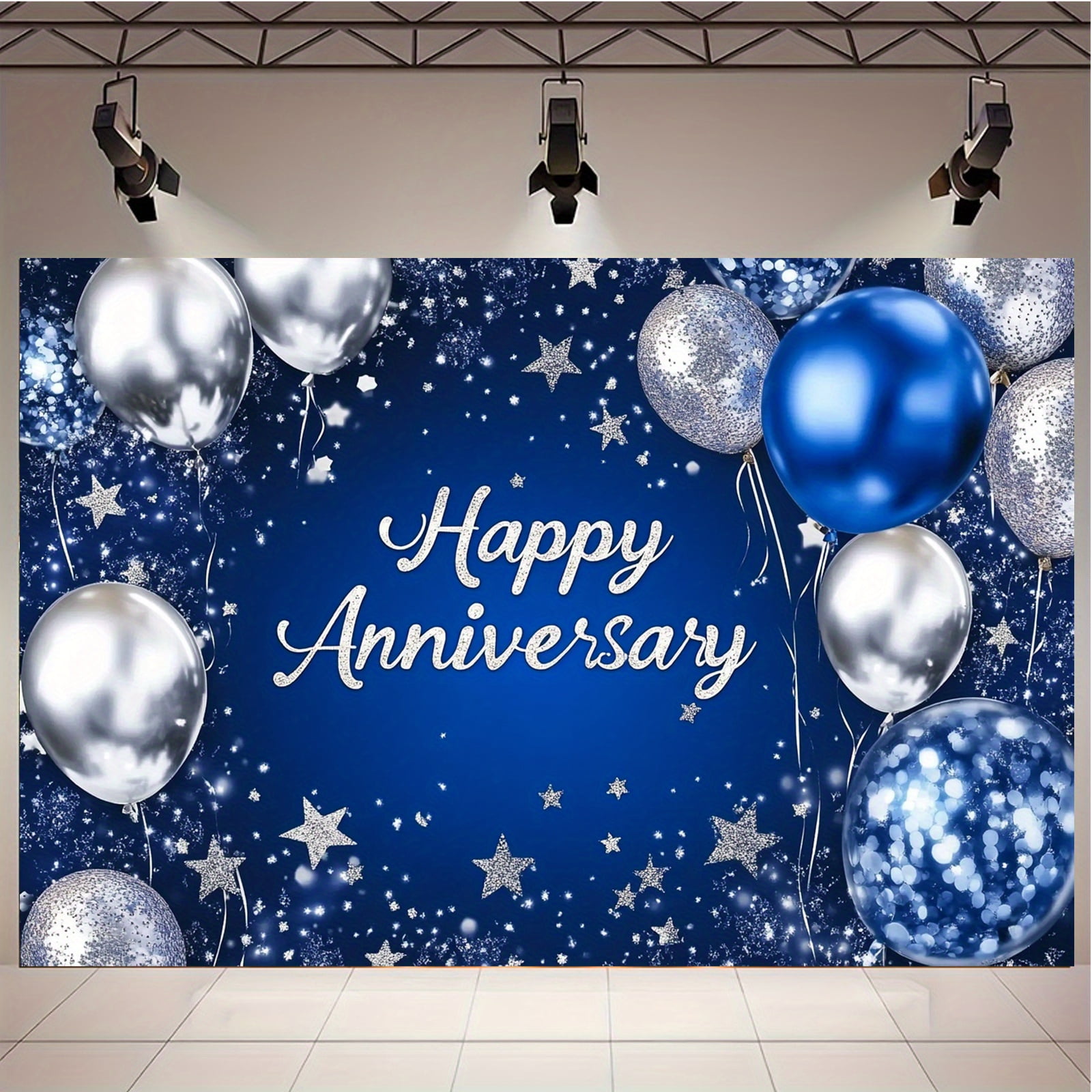 Navy Silver Glitter Happy Anniversary Backdrop, Polyester Party Banner ...