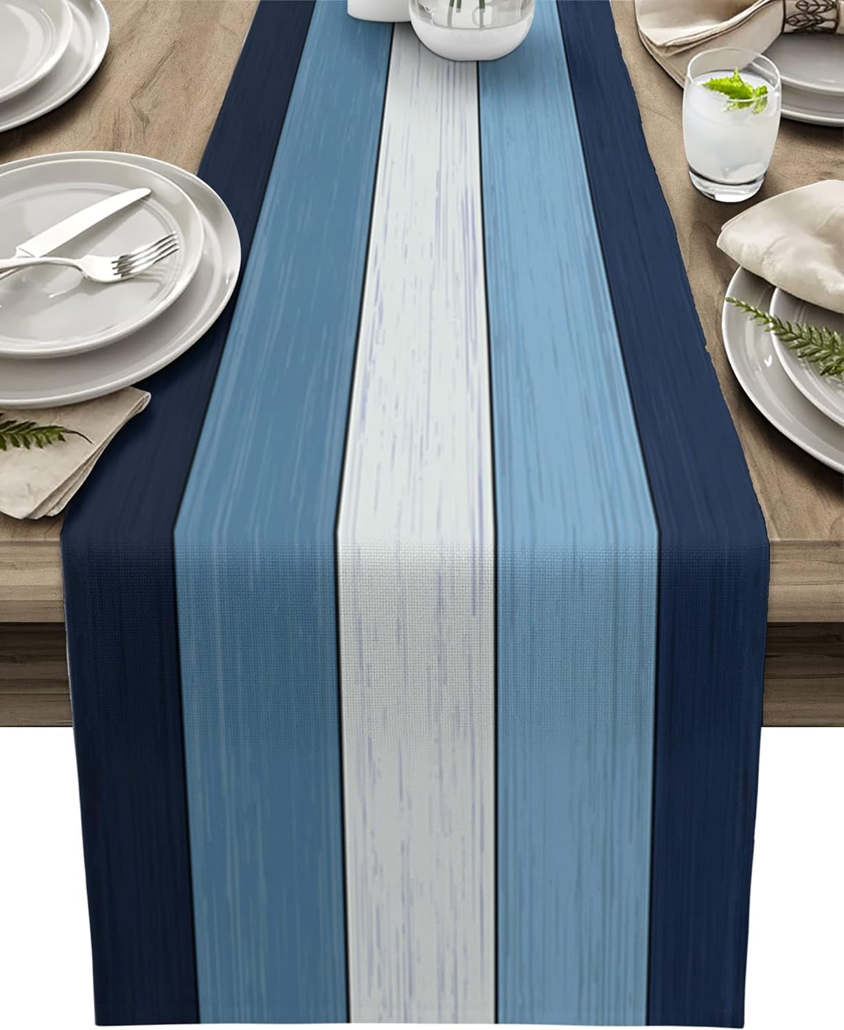 Navy Sky Blue White Table Runner, Farmhouse Cotton Linen Tablecloth ...