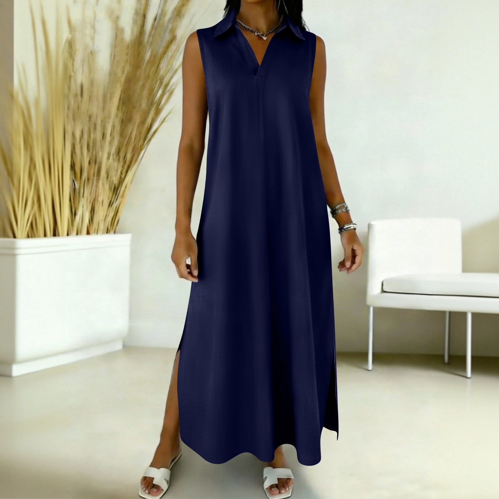 Navy Sleeveless Dress for Ladies Fall Summer Vneck High Neck Long ...