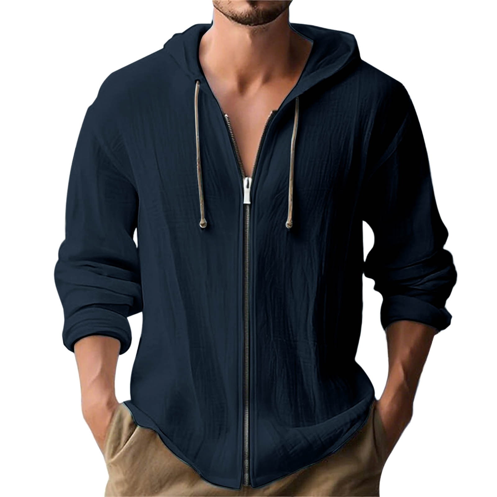 Navy Spandex for Mens Summer Fall Long Sleeve Brunch with Hood Plain ...