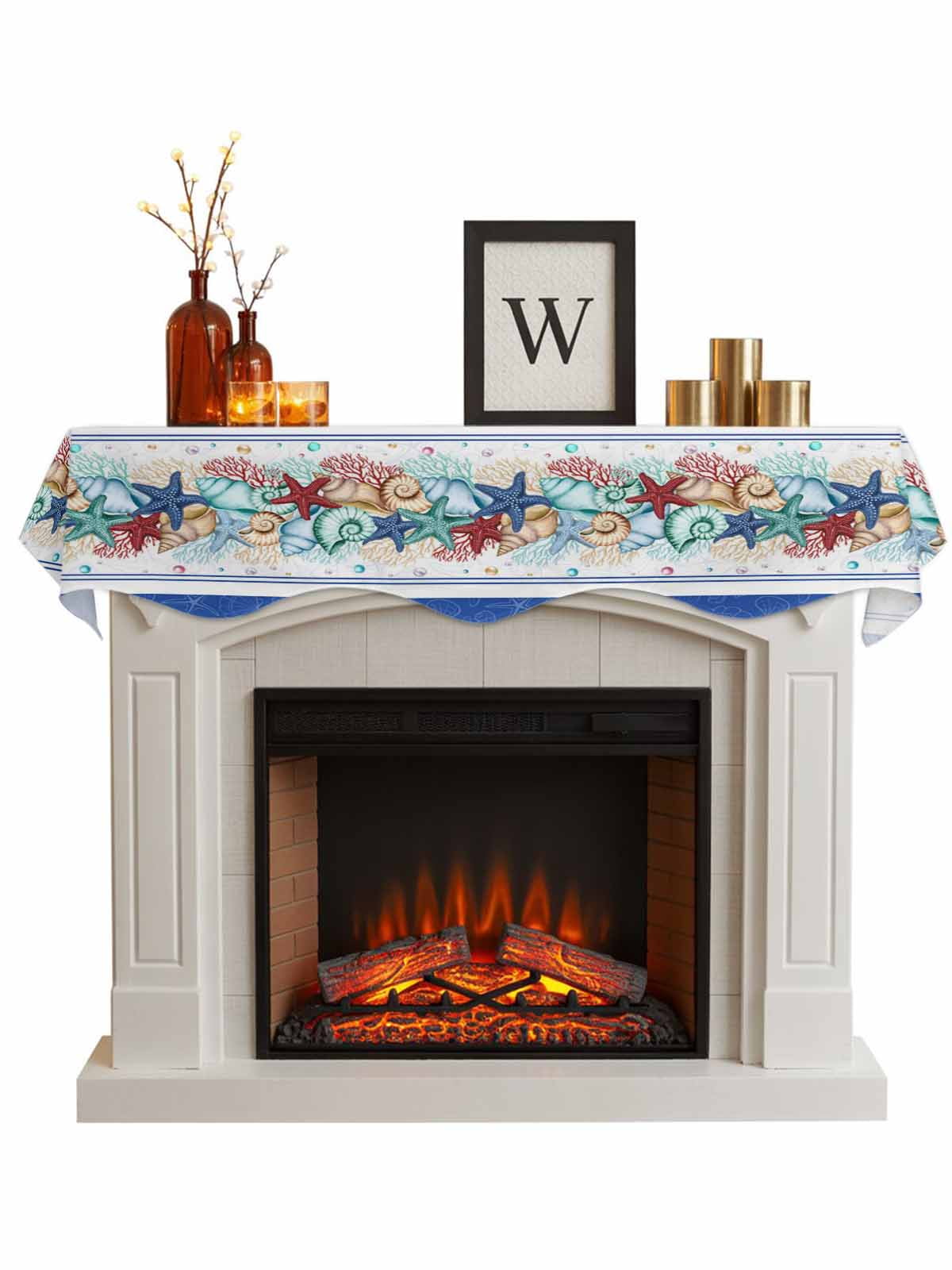 Navy Starfish Summer Fireplace Mantle Scarf, Ocean Conch Coral Coastal ...