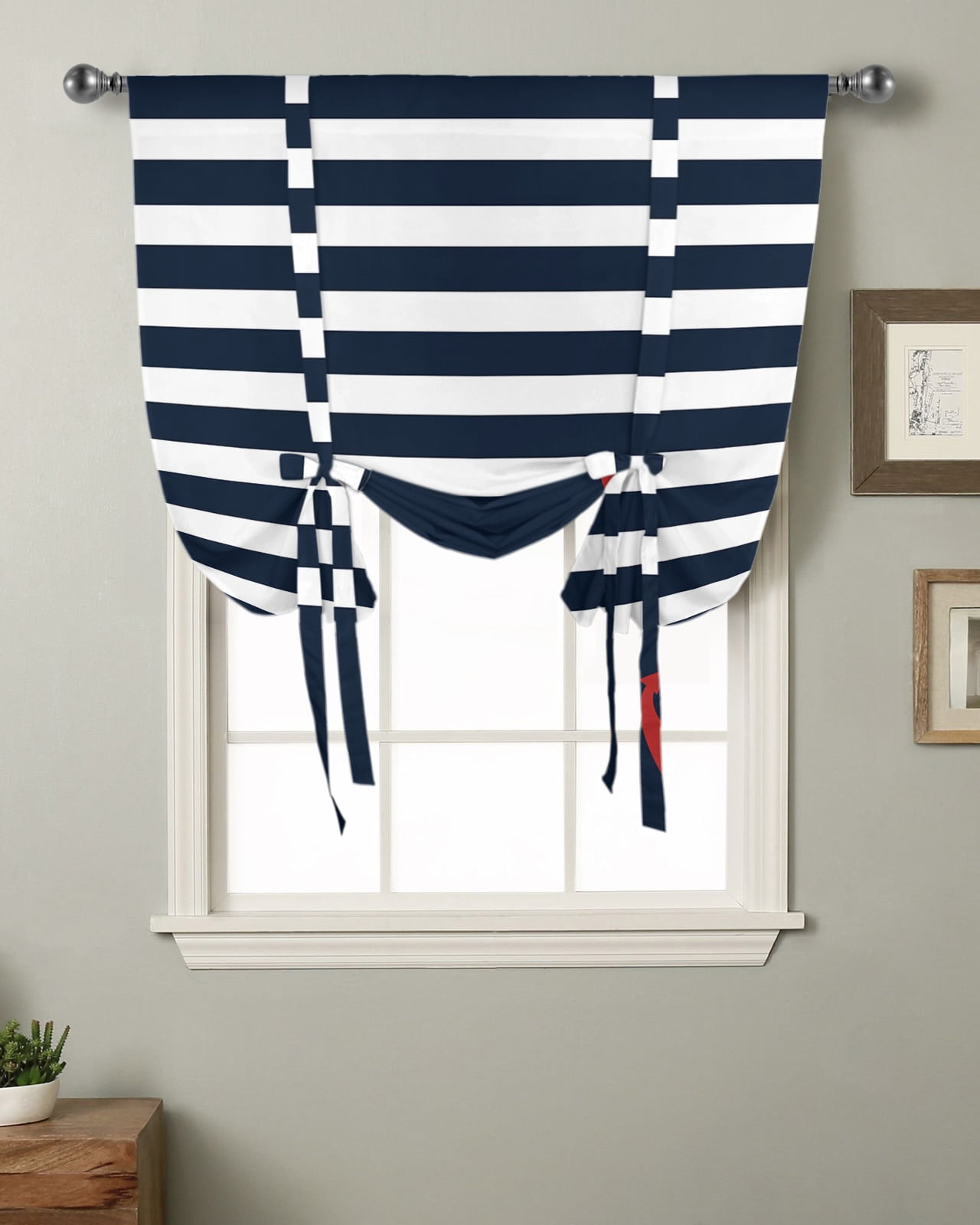 Navy Striped Anchor Kitchen Short Window Curtain Rod Pocket Curtains ...